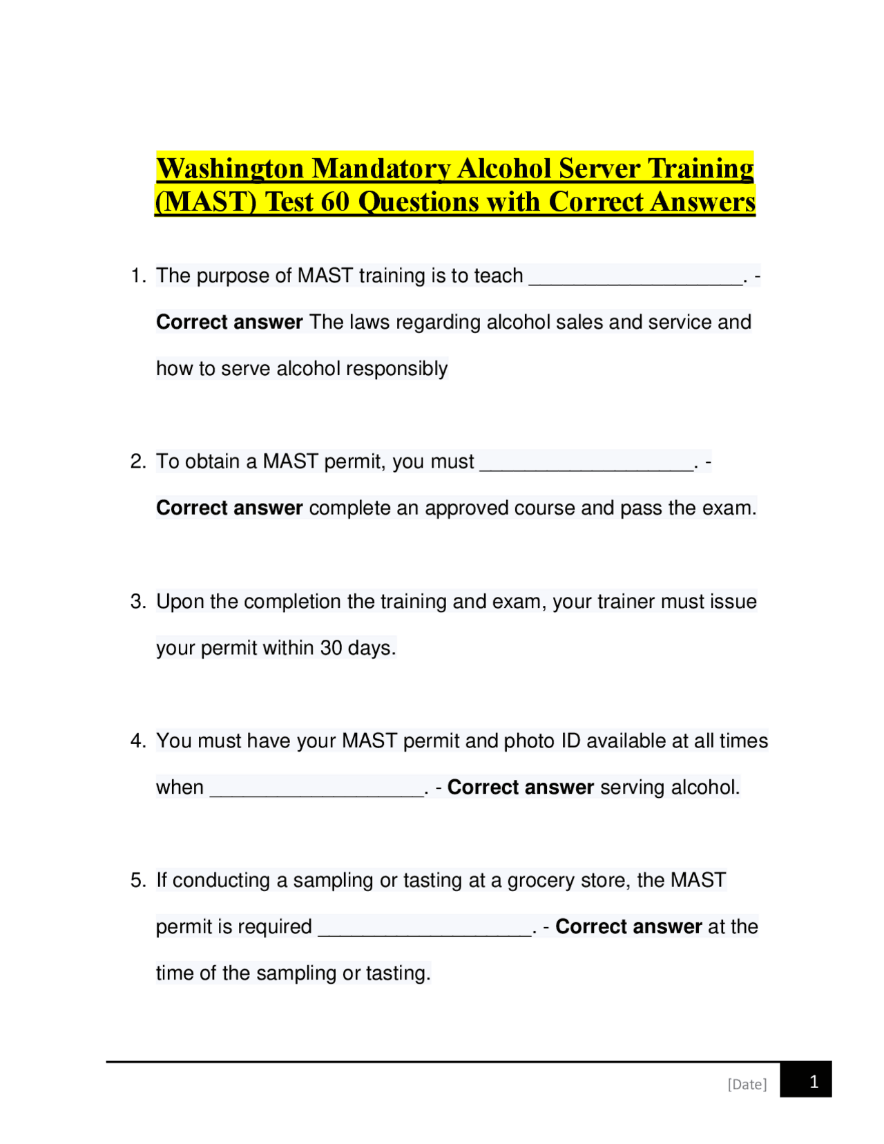 Washington MAST Exam Questions and Answers: Alcohol Server Training ...