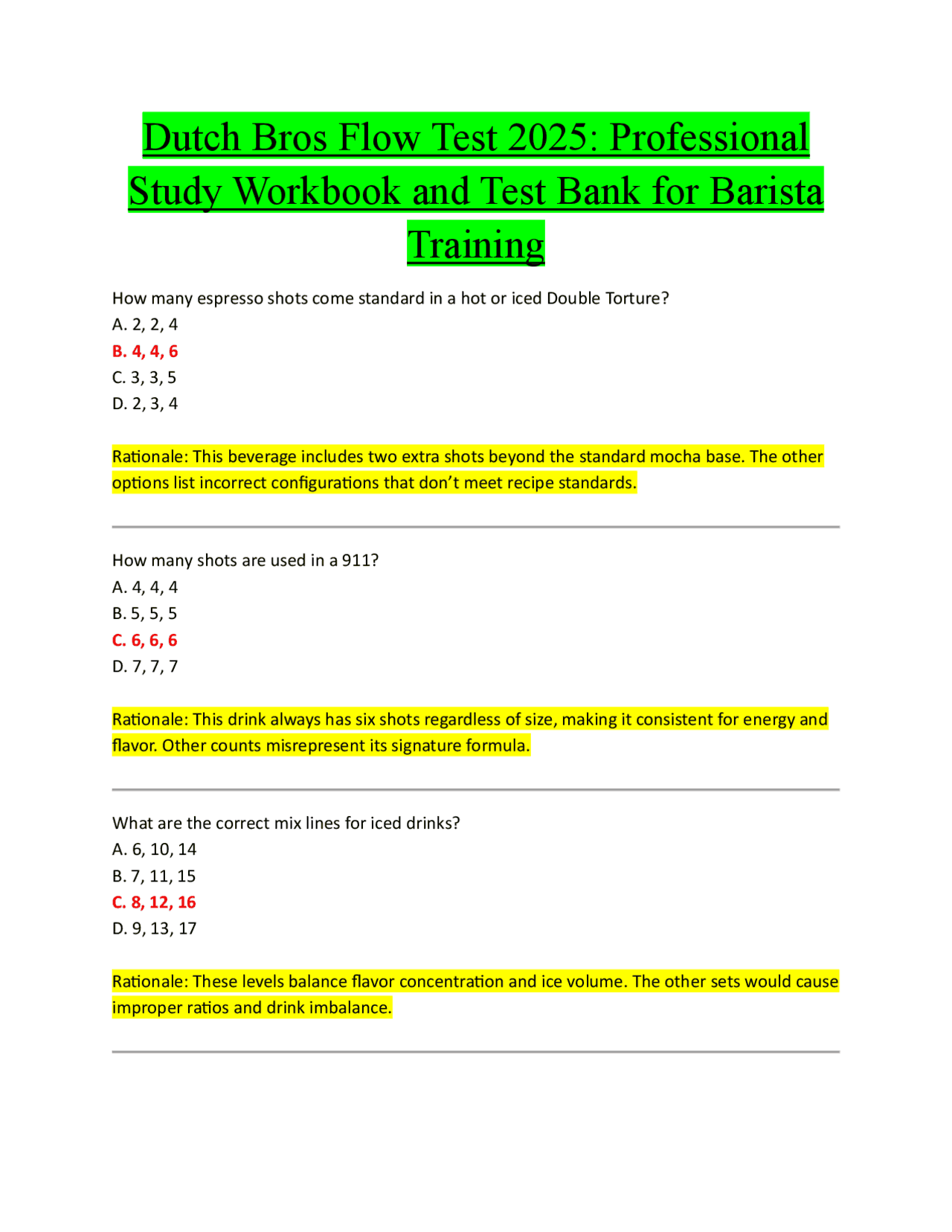 Dutch Bros Barista Training: Flow Test 2025 Study Workbook and Test ...