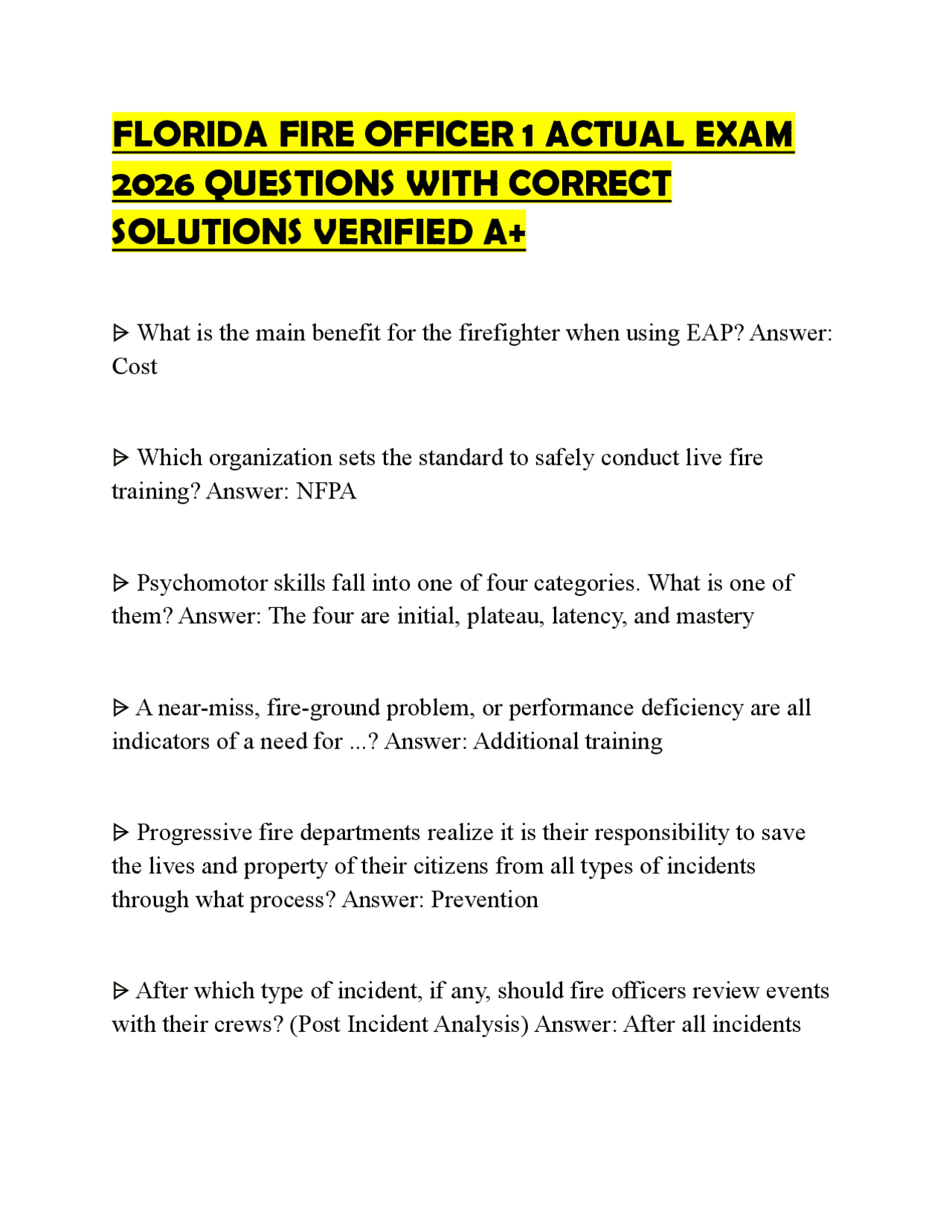 FLORIDA FIRE OFFICER 1 ACTUAL EXAM 2026 QUESTIONS WITH CORRECT ...