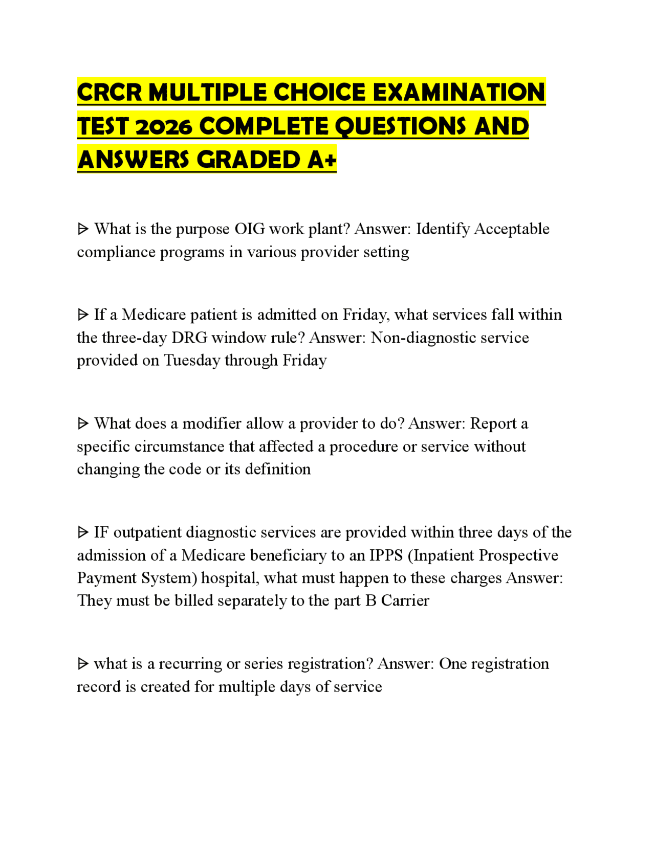 CRCR MULTIPLE CHOICE EXAMINATION TEST 2026 COMPLETE QUESTIONS AND ...