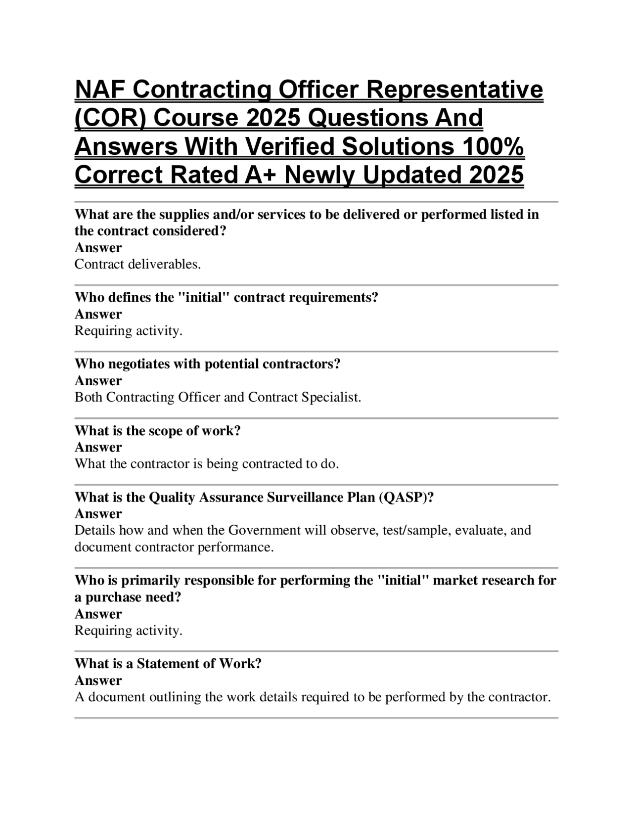 NAF Contracting Officer Representative (COR) Course Q&A 2025 | Exams ...