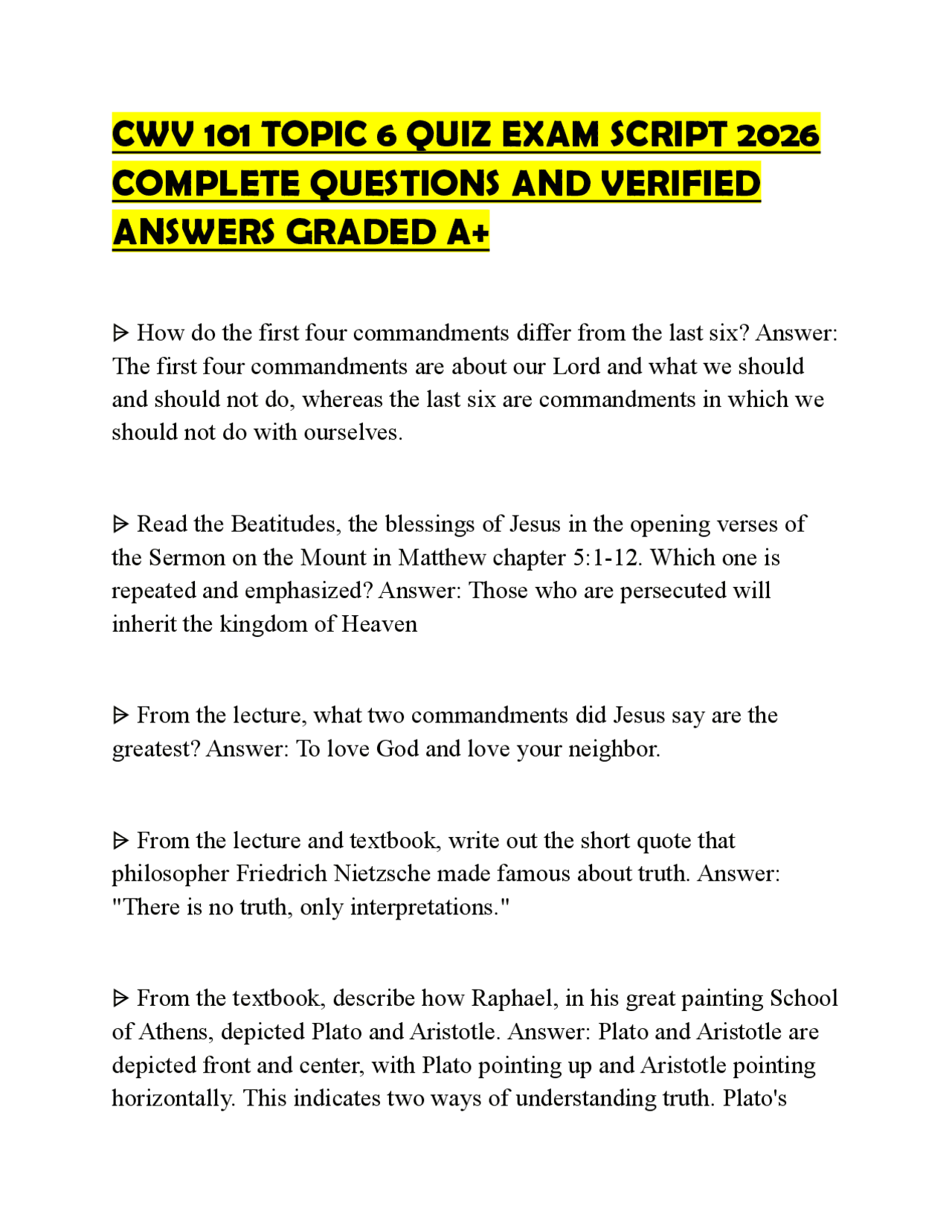 CWV 101 TOPIC 6 QUIZ EXAM SCRIPT 2026 COMPLETE QUESTIONS AND VERIFIED ...