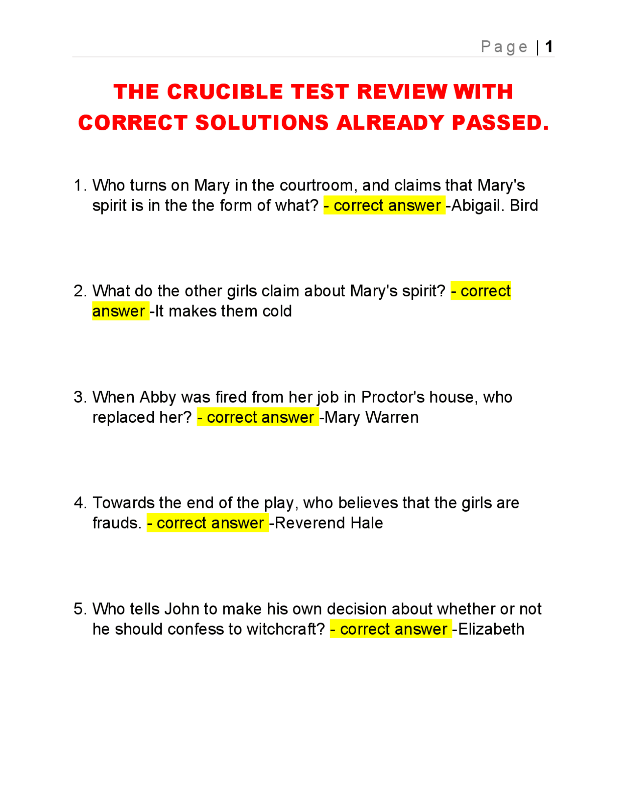 The Crucible Test Review: Questions and Answers | Exams English ...