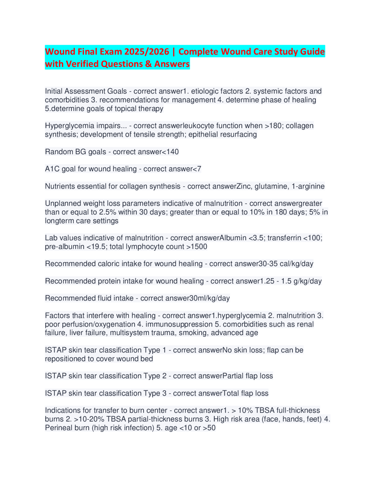 Wound Final Exam 2025/2026 | Complete Wound Care Study Guide with ...