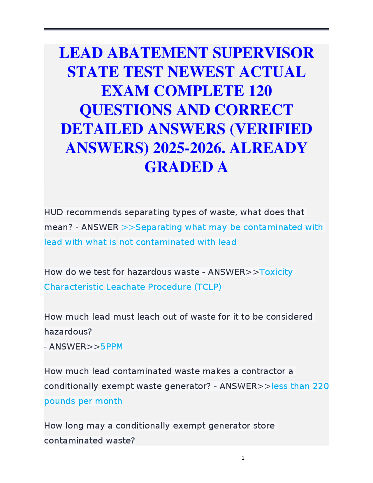 Lead Abatement Supervisor State Exam: 120 Questions and Answers (2025 ...