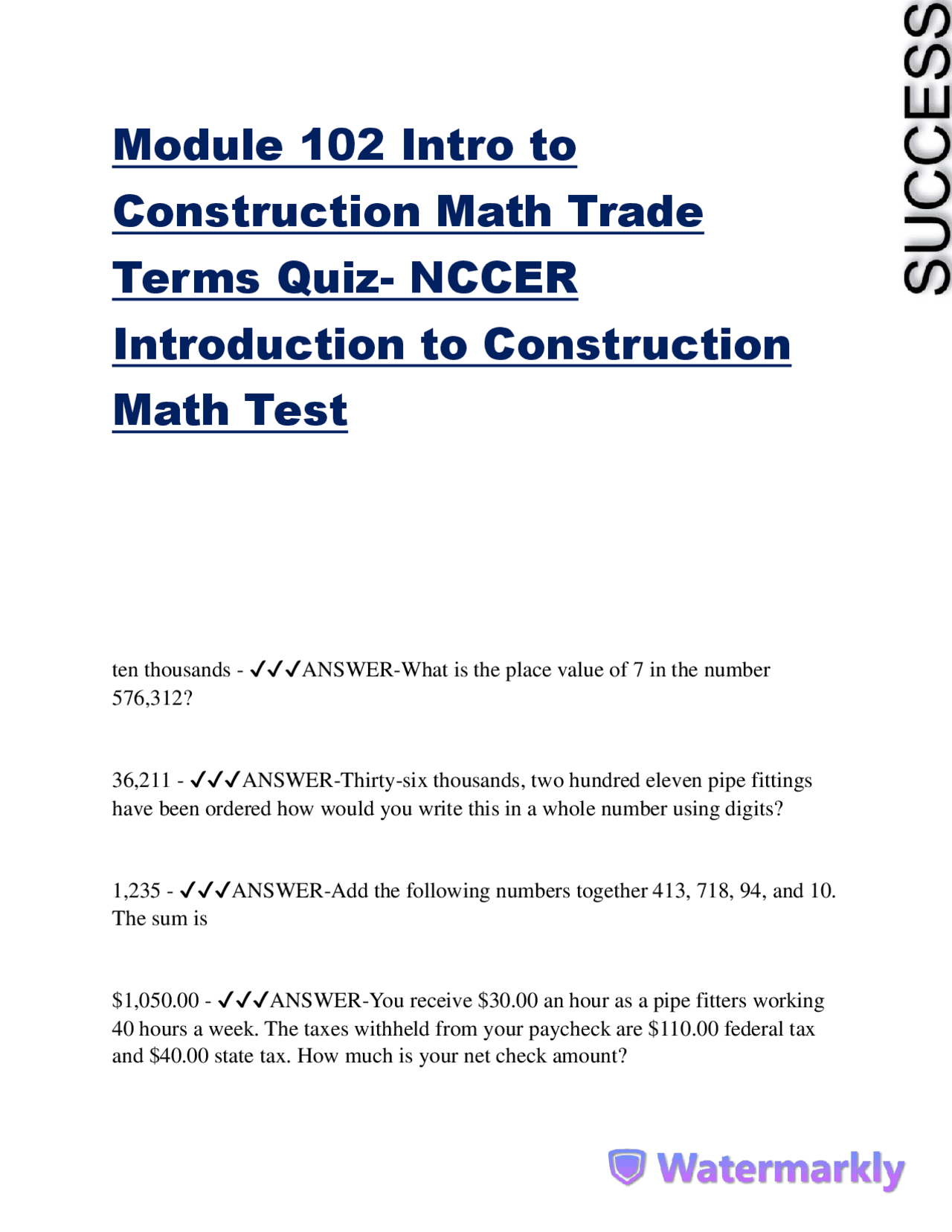Construction Math Trade Terms Quiz - NCCER | Exams Nursing | Docsity