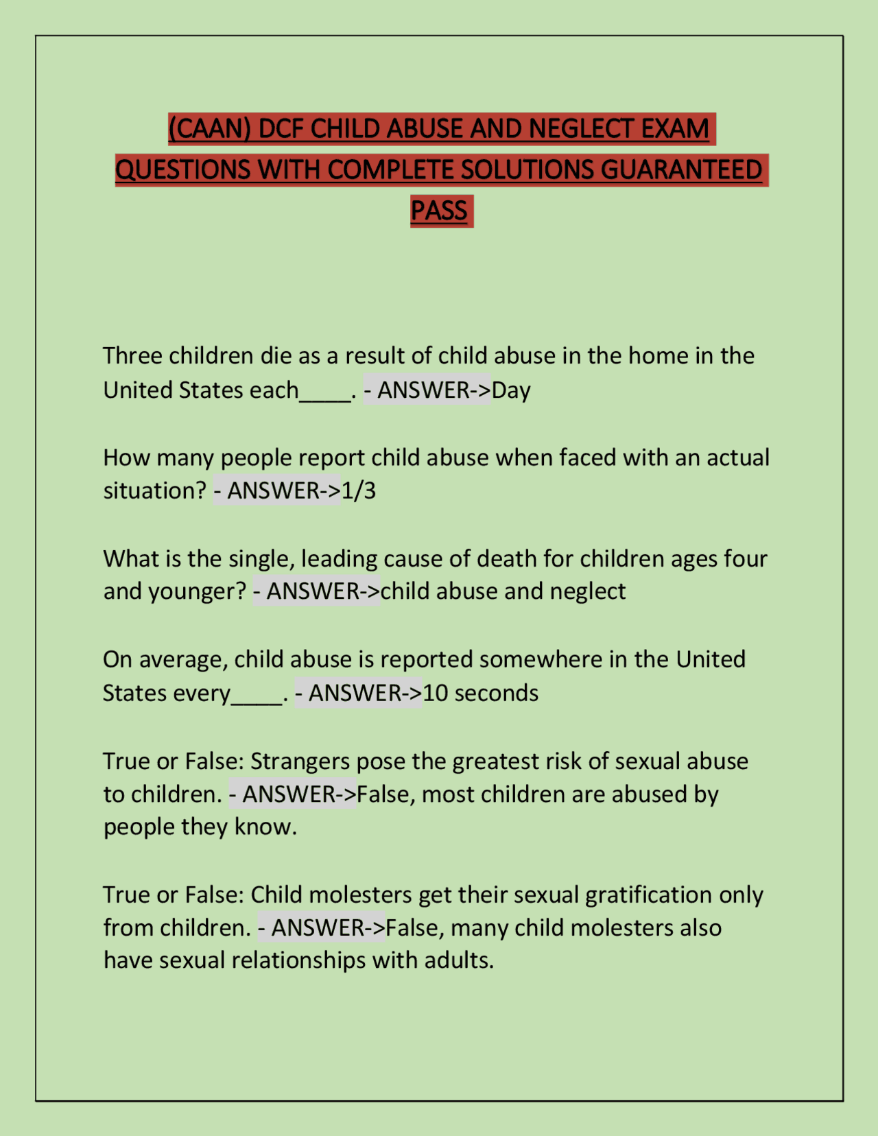 Child Abuse and Neglect Exam Questions with Solutions | Exams ...