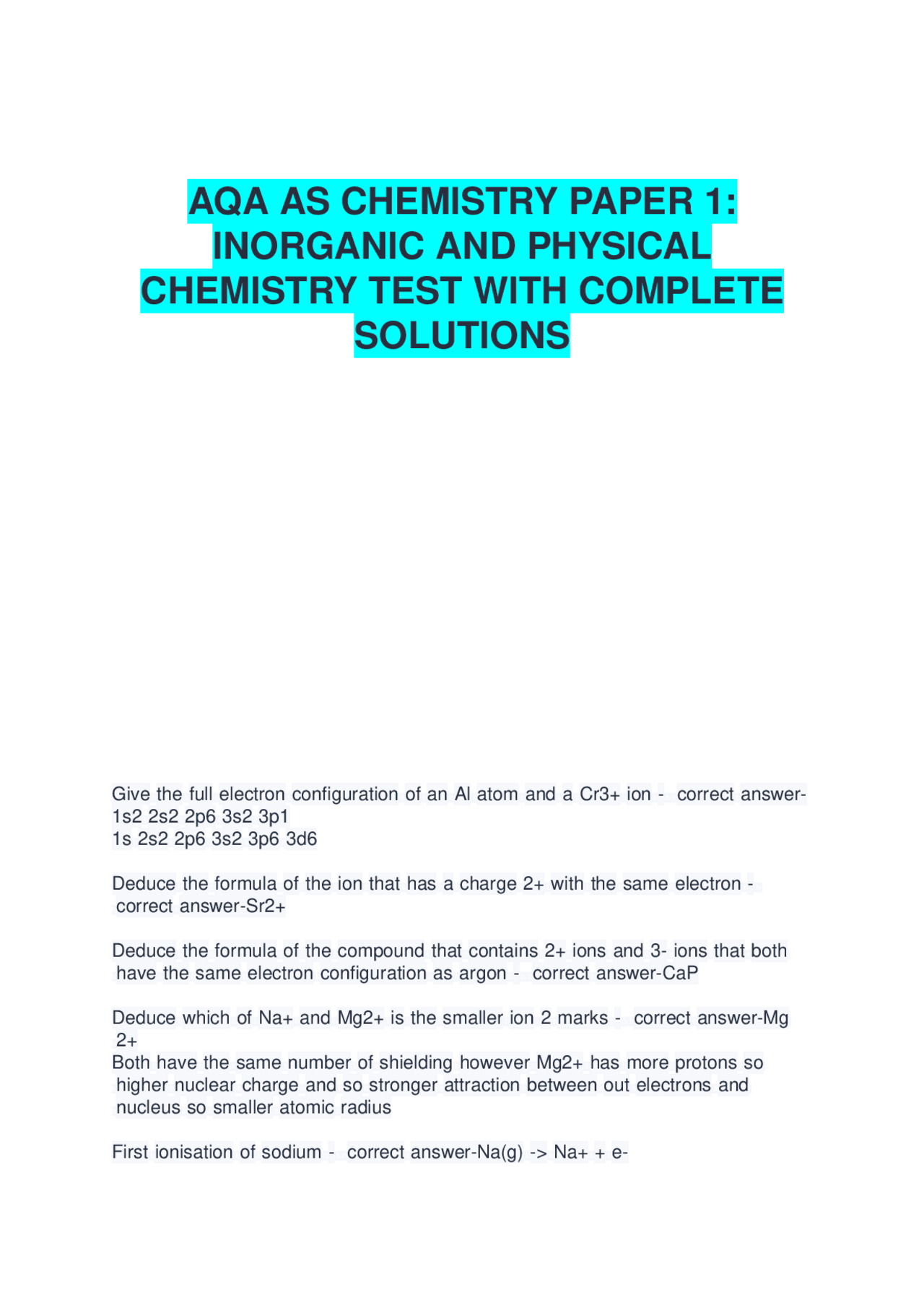 AQA AS Chemistry Paper 1: Inorganic and Physical Chemistry Test with ...