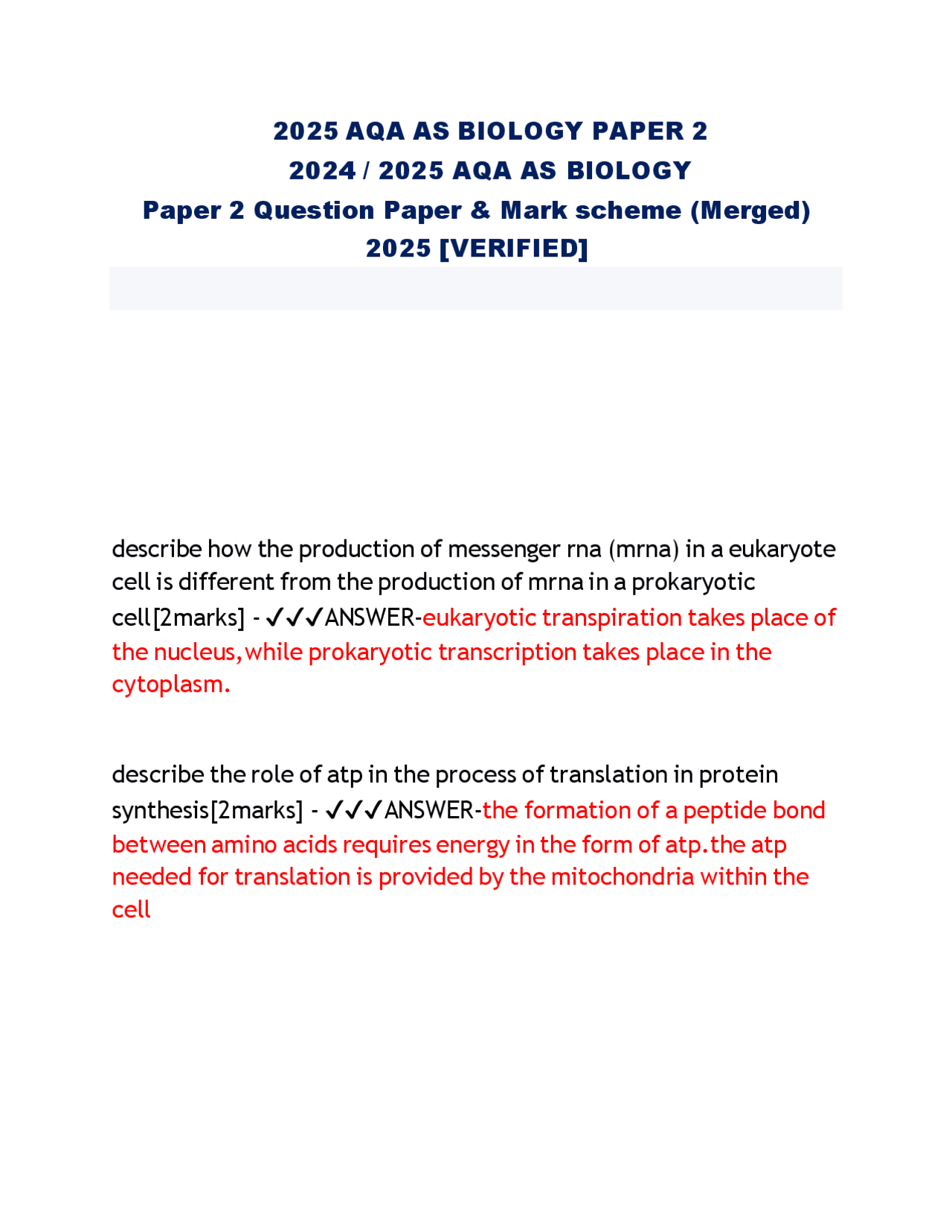 2025 AQA AS BIOLOGY PAPER 2 2024 / 2025 AQA AS BIOLOGY Paper 2 Question Paper & Mark schem ...