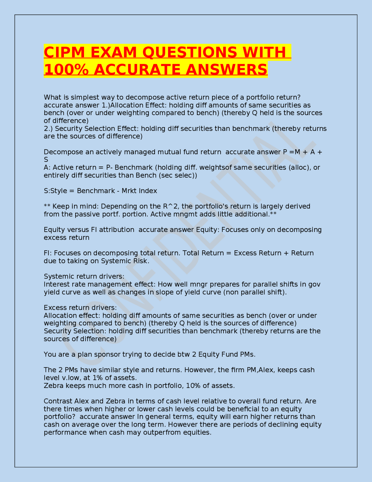 CIPM Exam Questions and Answers: Portfolio Return Decomposition and ...