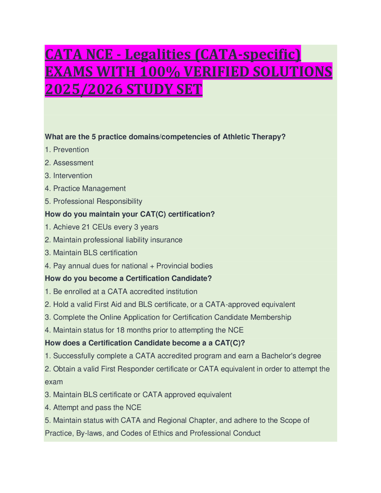 Athletic Therapy Legalities Exam Questions and Verified Solutions ...
