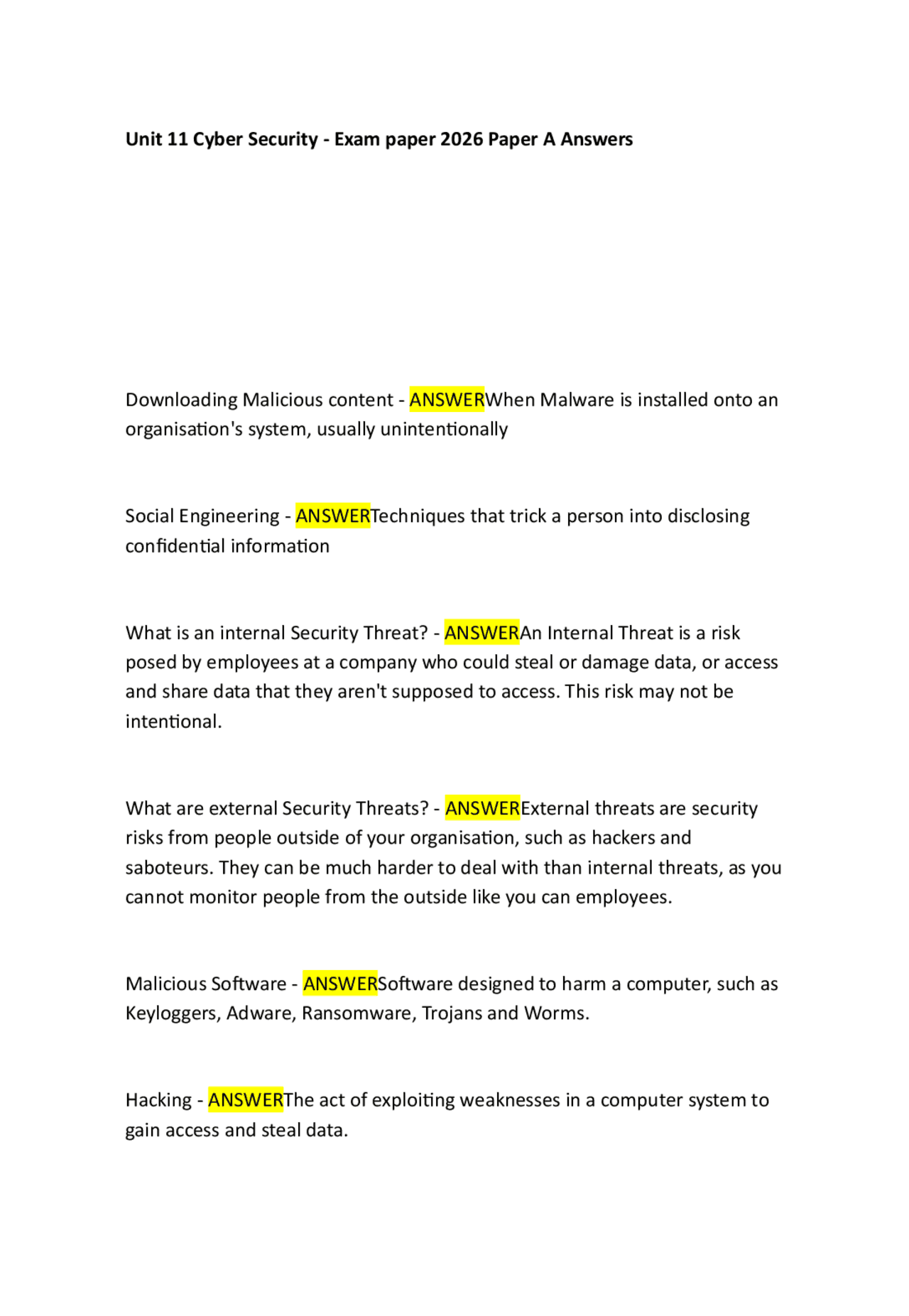 Cyber Security Exam Paper Q&A | Exams Advanced Education | Docsity