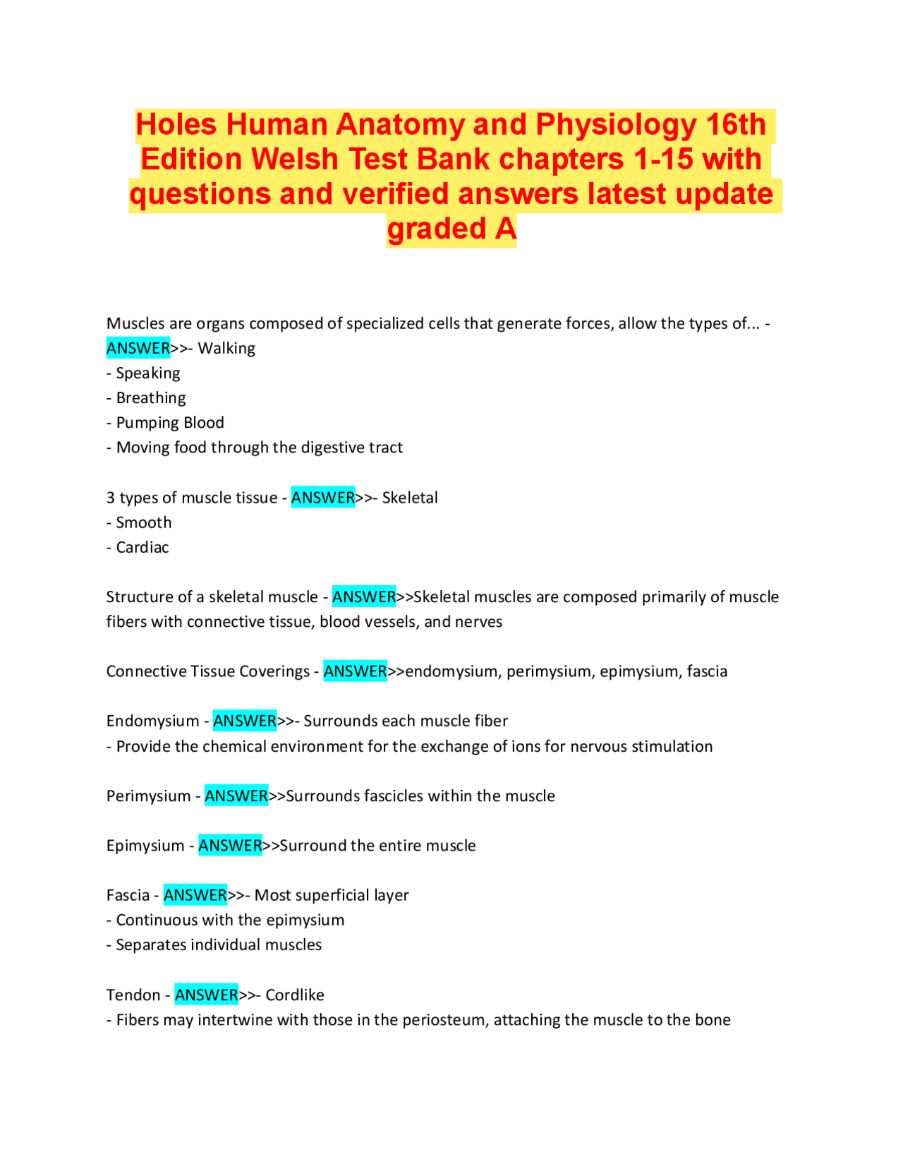 Human Anatomy and Physiology Test Bank: Muscles and Tissues | Exams ...