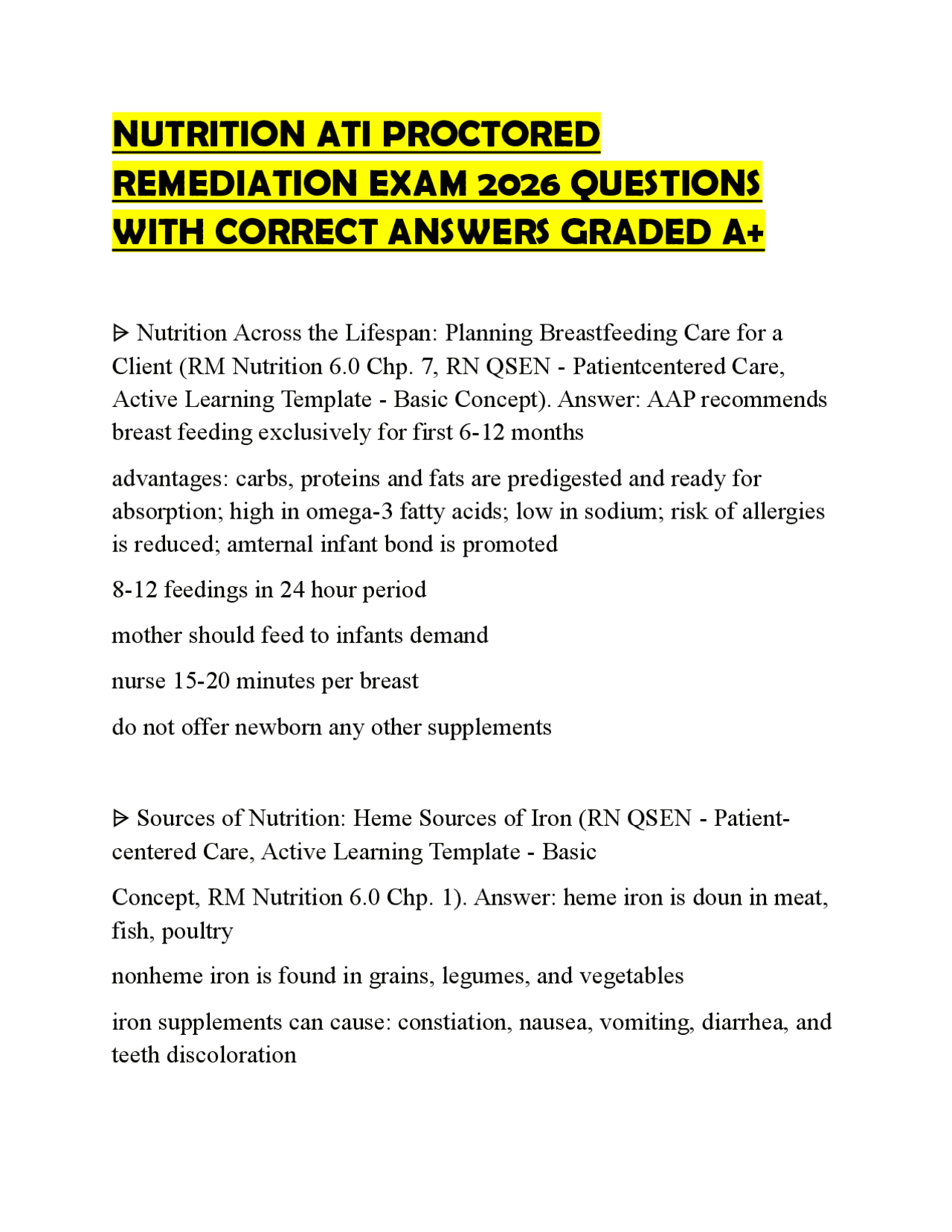NUTRITION ATI PROCTORED REMEDIATION EXAM 2026 QUESTIONS WITH CORRECT ...