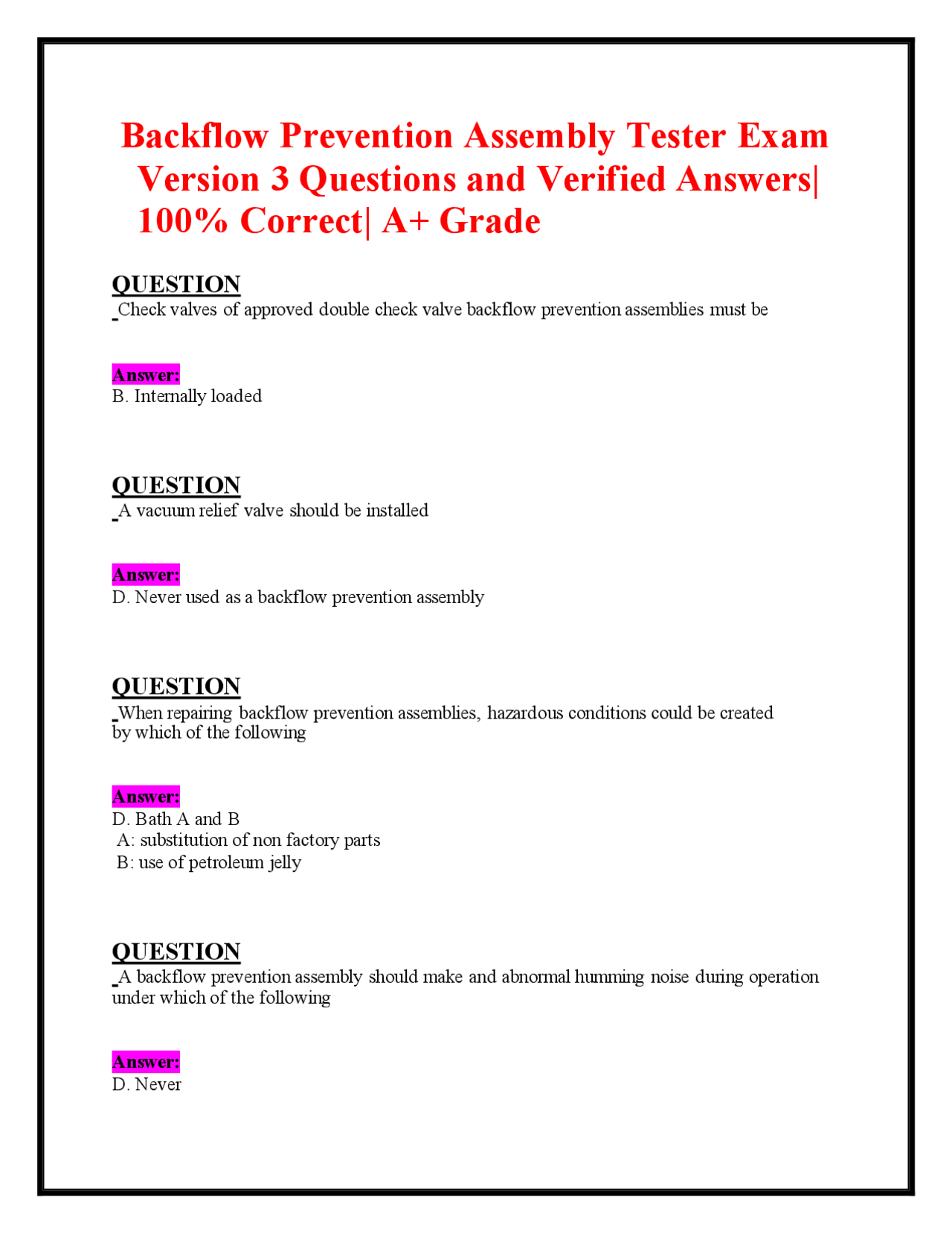 Backflow Prevention Assembly Tester Exam Version 3 Questions and ...