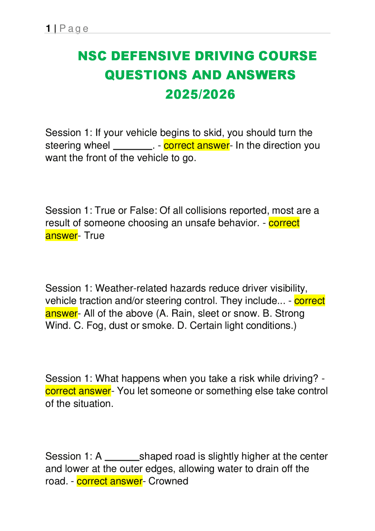 NSC DEFENSIVE DRIVING COURSE QUESTIONS AND ANSWERS 2025/2026 | Exams ...