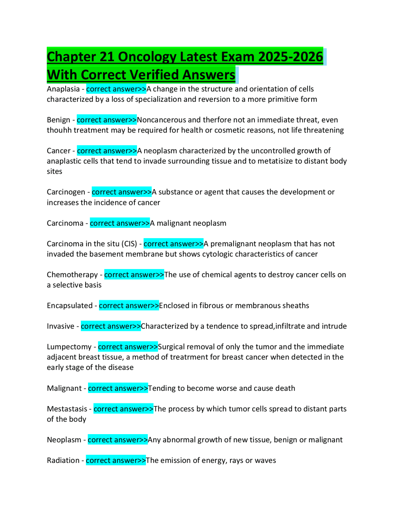 Oncology Exam Prep: Key Terms and Concepts 2025-2026 | Exams Nursing ...