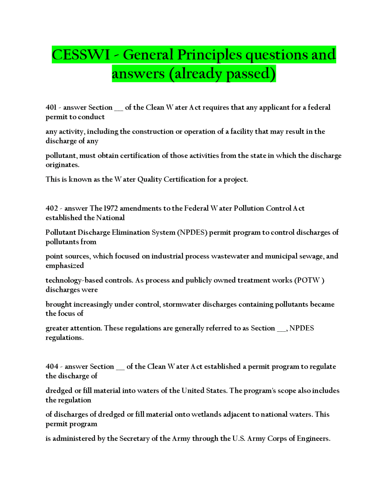 CESSWI General Principles: Environmental Regulations Q&A | Exams ...