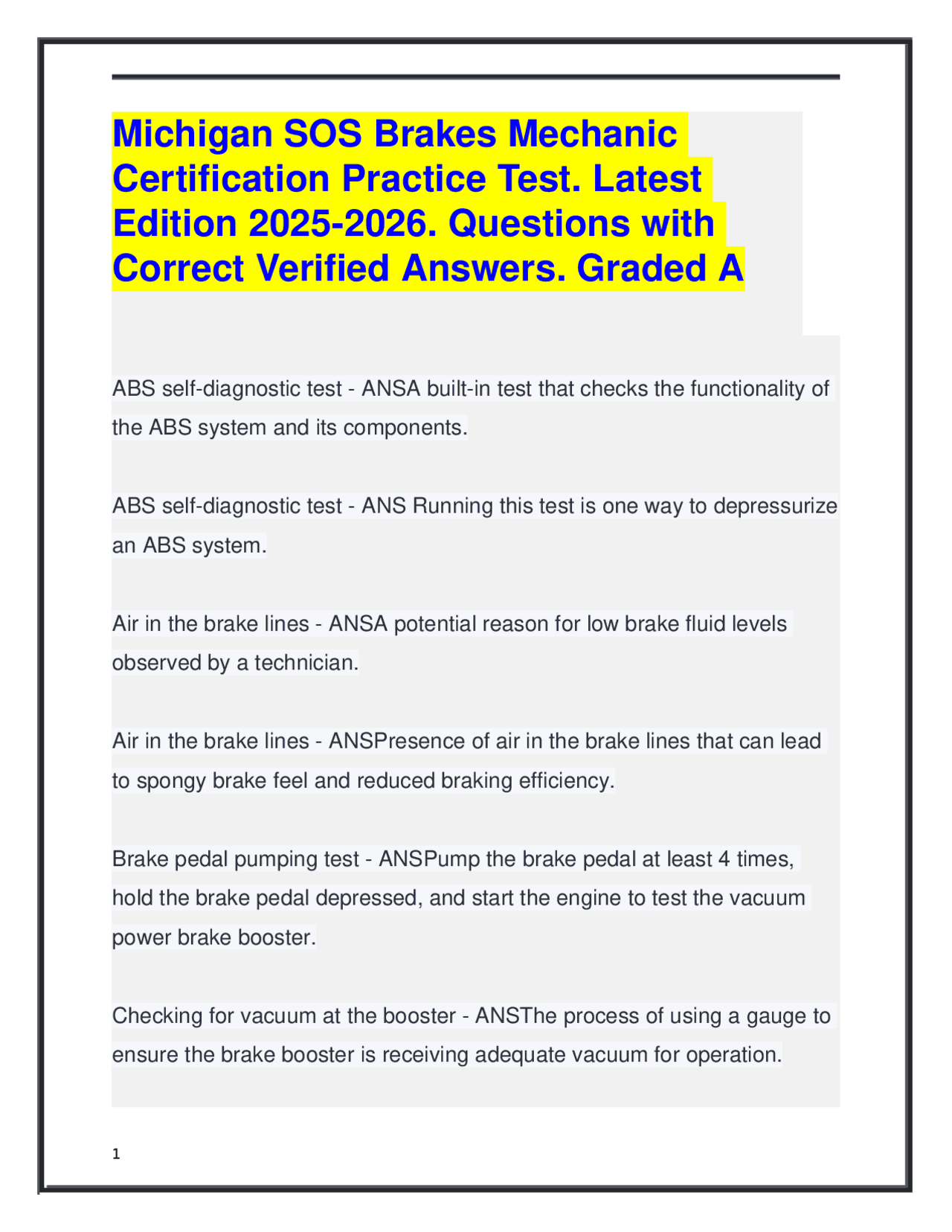 Michigan SOS Brakes Mechanic Certification Practice Test. Latest ...