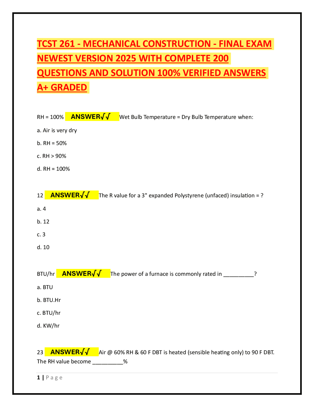 TCST 261 - MECHANICAL CONSTRUCTION - FINAL EXAM NEWEST VERSION 2025 ...