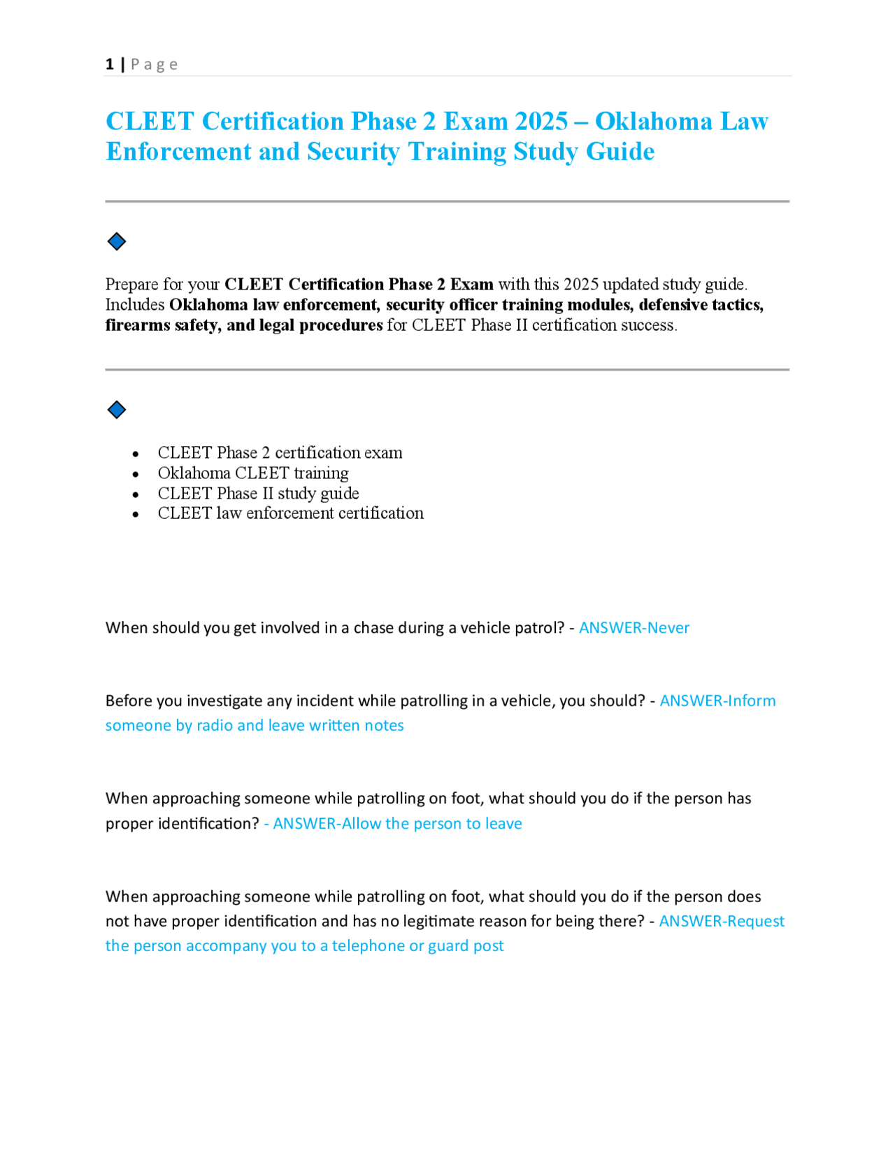 CLEET Certification Phase 2 Exam Study Guide 2025 | Exams Nursing | Docsity