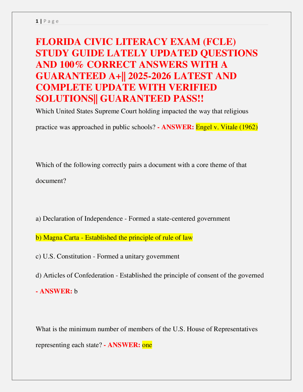 Florida Civic Literacy Exam (FCLE) Study Guide 2025–2026 | Updated ...