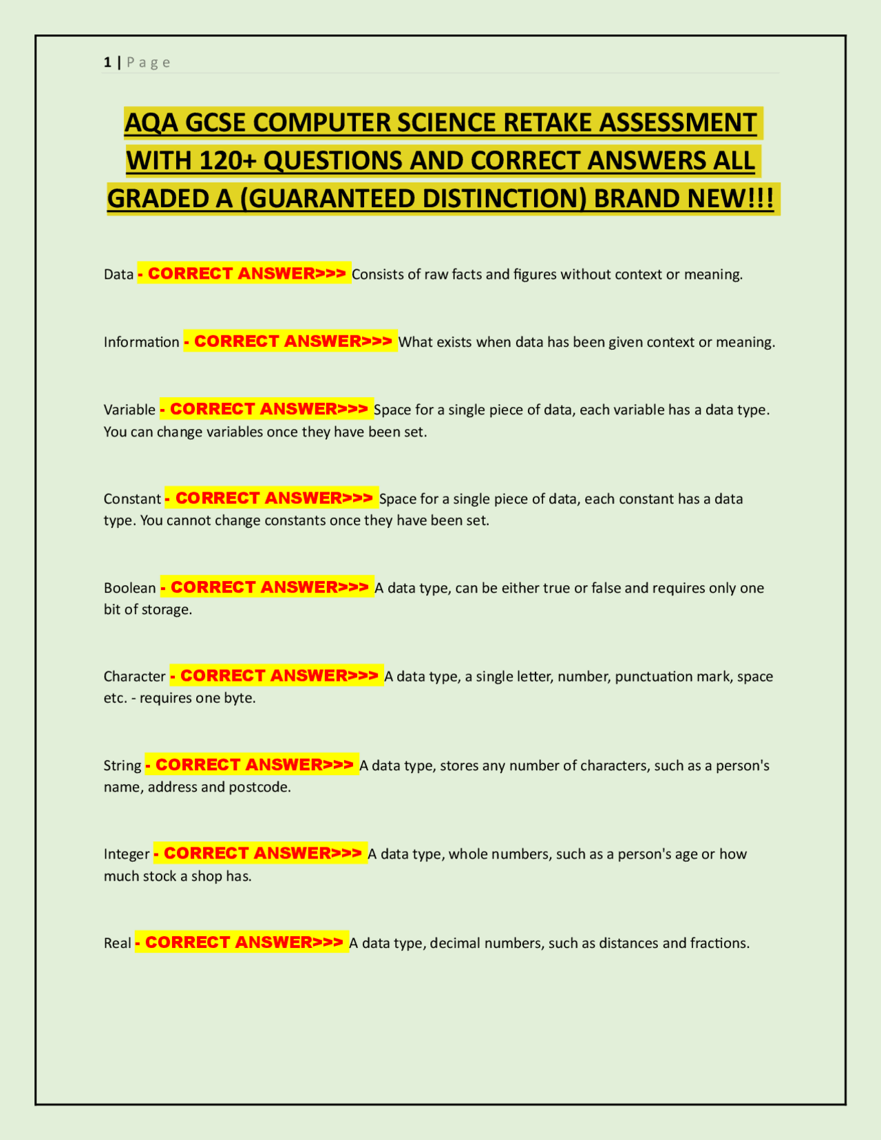 AQA GCSE Computer Science Retake Assessment: 120+ Q&A for Distinction ...