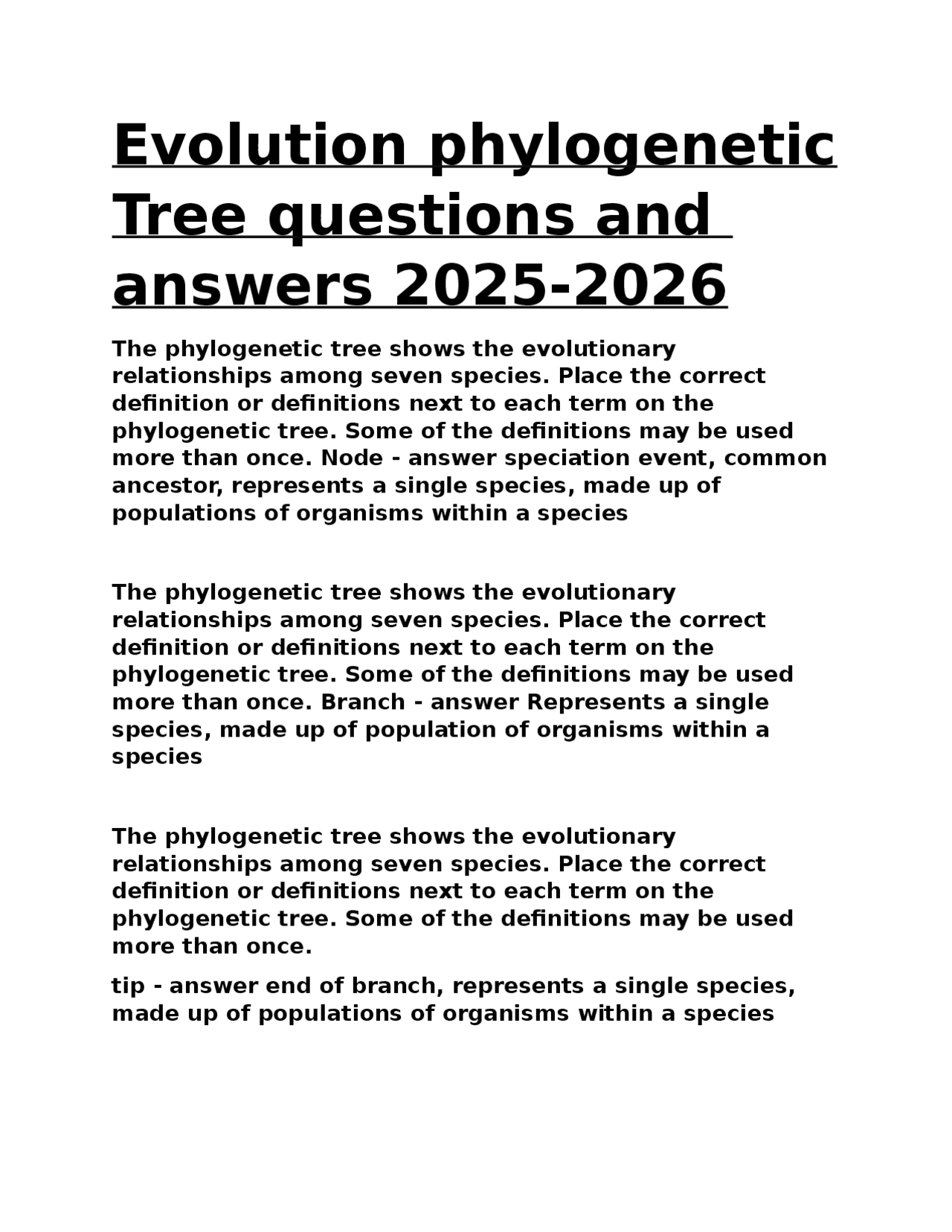 Phylogenetic Tree Practice Part 2, Phylogenetic Tree questions and ...