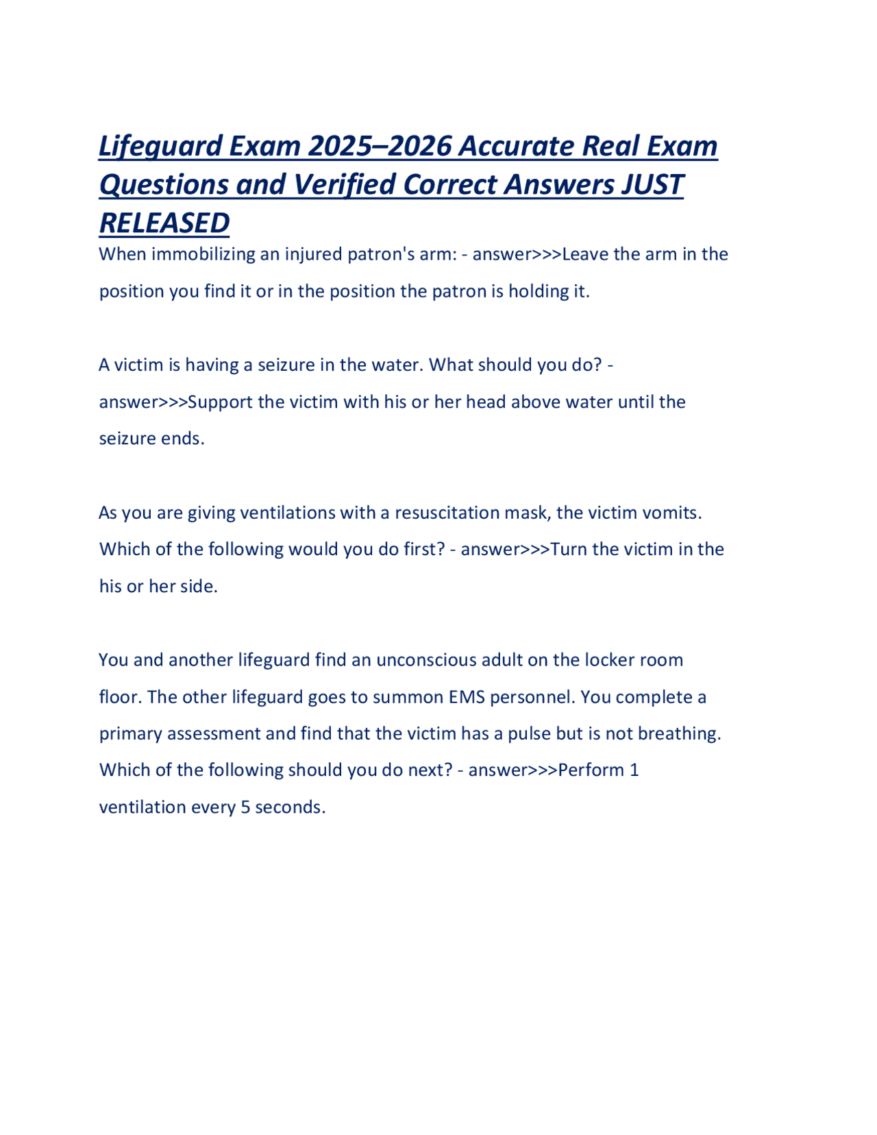 Lifeguard Exam 2025–2026 Accurate Real Exam Questions and t Answers ...