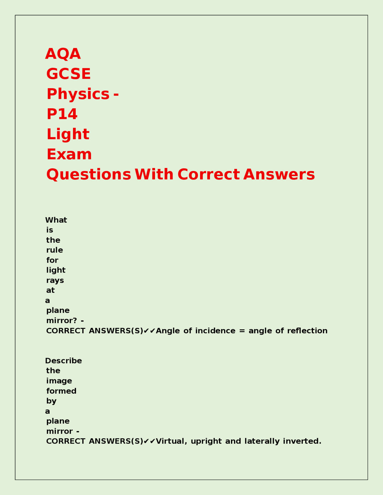 GCSE Physics: Light Exam Questions with Answers | Exams Physics | Docsity
