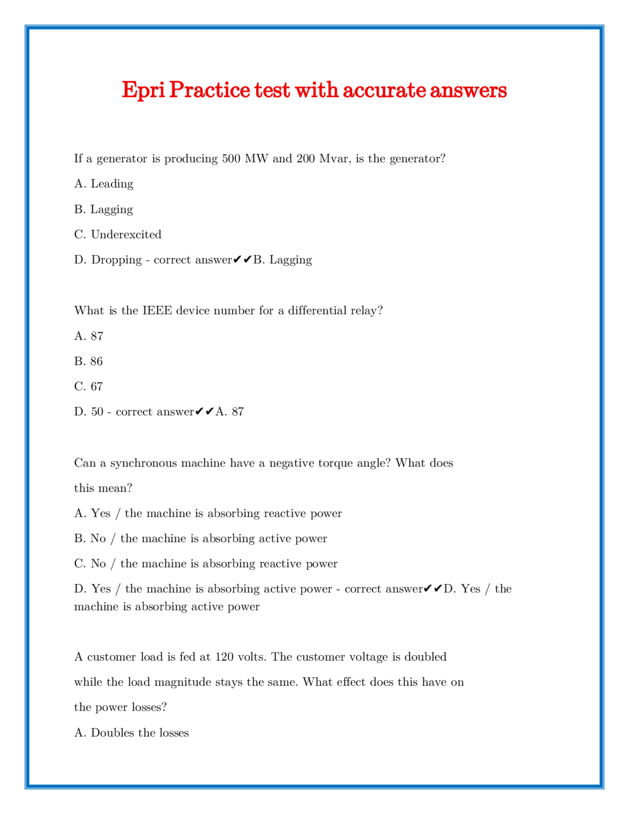 Electrical Engineering Practice Test with Answers | Exams Power Plant ...
