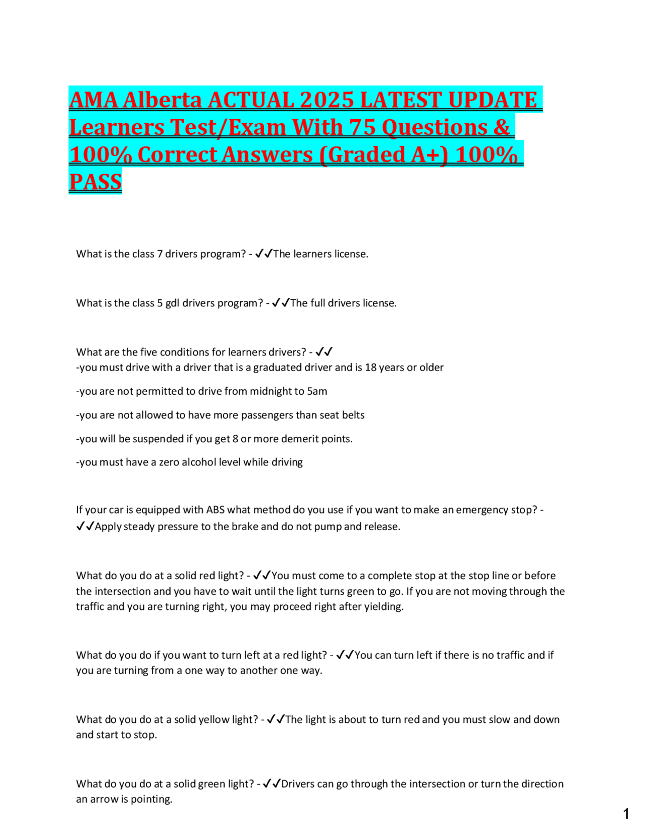 AMA Alberta ACTUAL 2025 LATEST UPDATE Learners Test/Exam With 75 ...