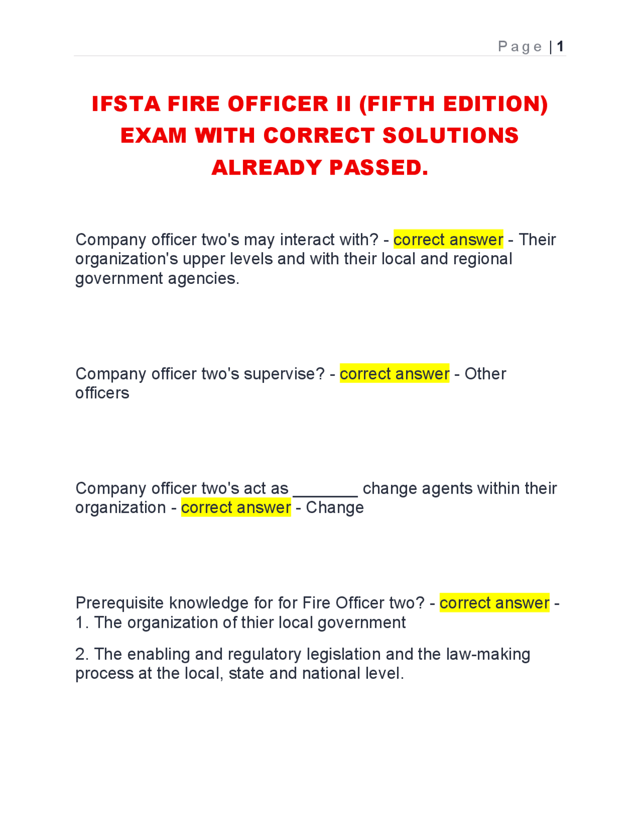 IFSTA FIRE OFFICER II (FIFTH EDITION) EXAM WITH CORRECT SOLUTIONS ...