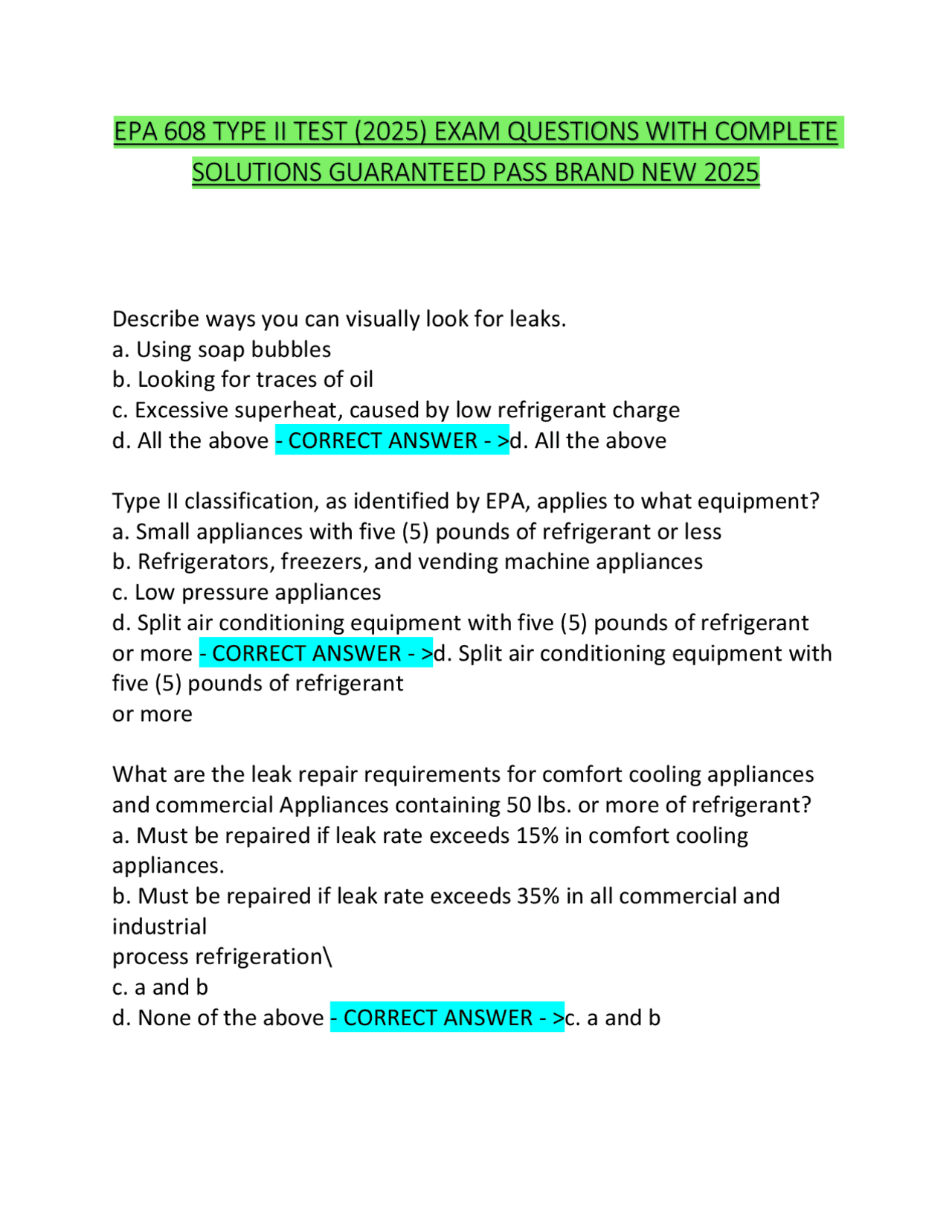 EPA 608 TYPE II TEST (2025) EXAM QUESTIONS WITH COMPLETE SOLUTIONS ...