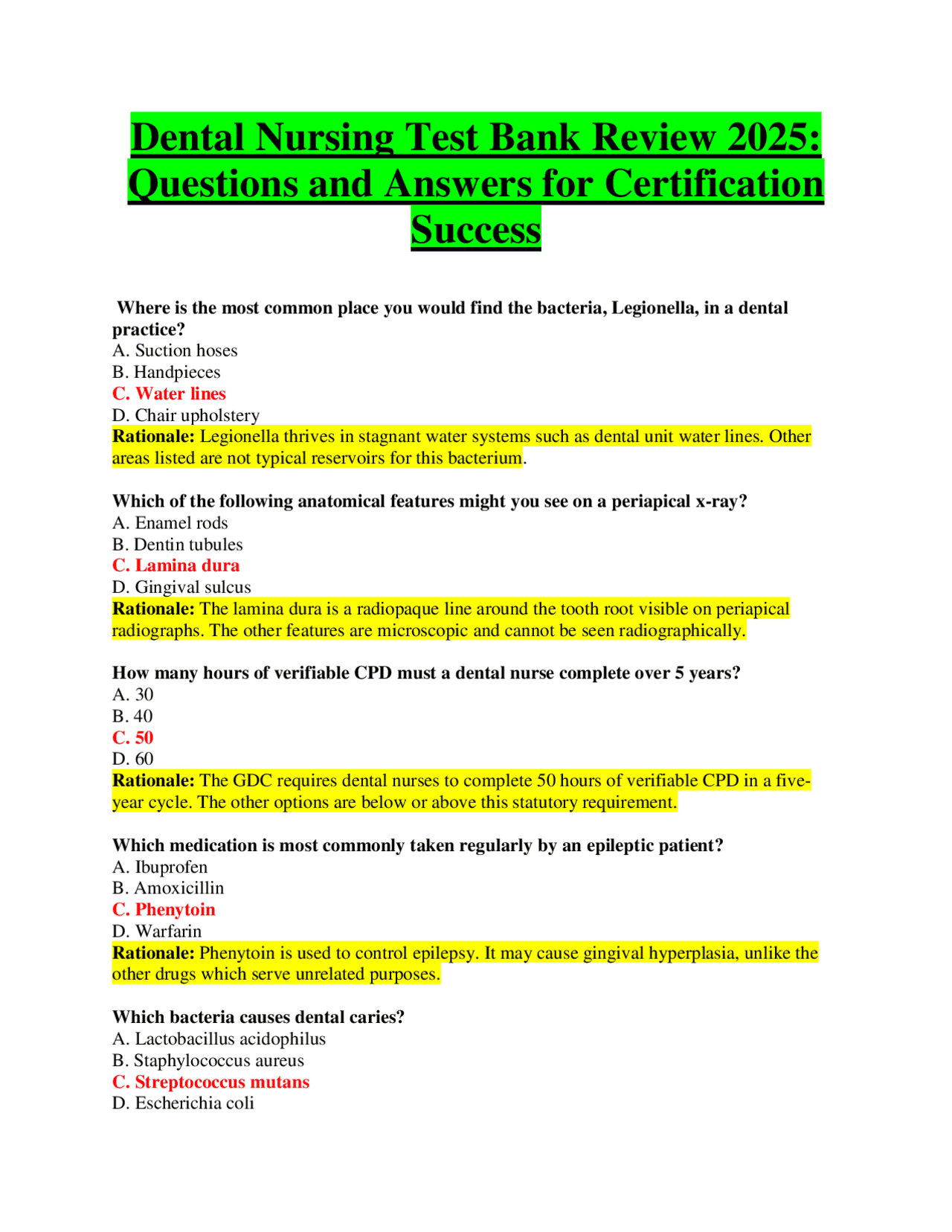 Dental Nursing Test Bank Review 2025: Questions and Answers for ...