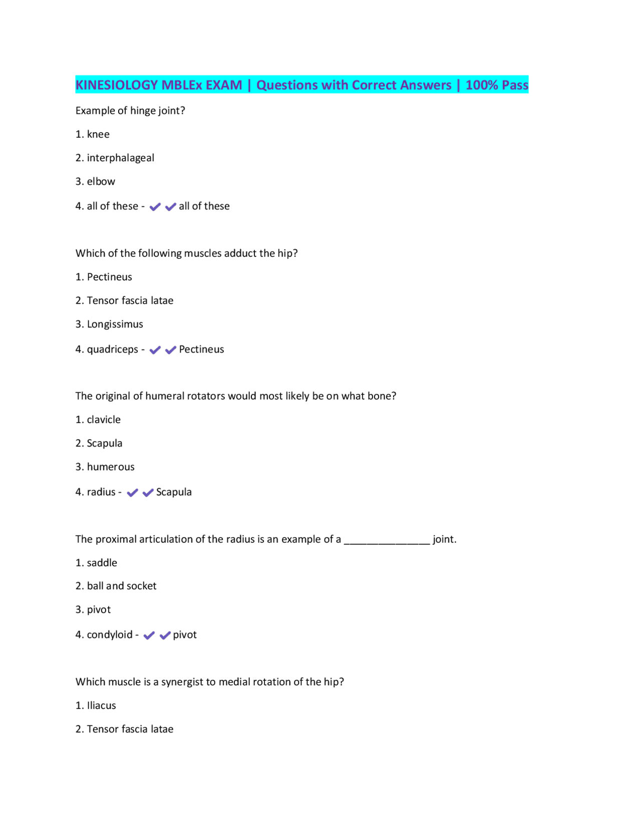 Kinesiology MBLEx Exam Questions and Answers for Test Preparation ...