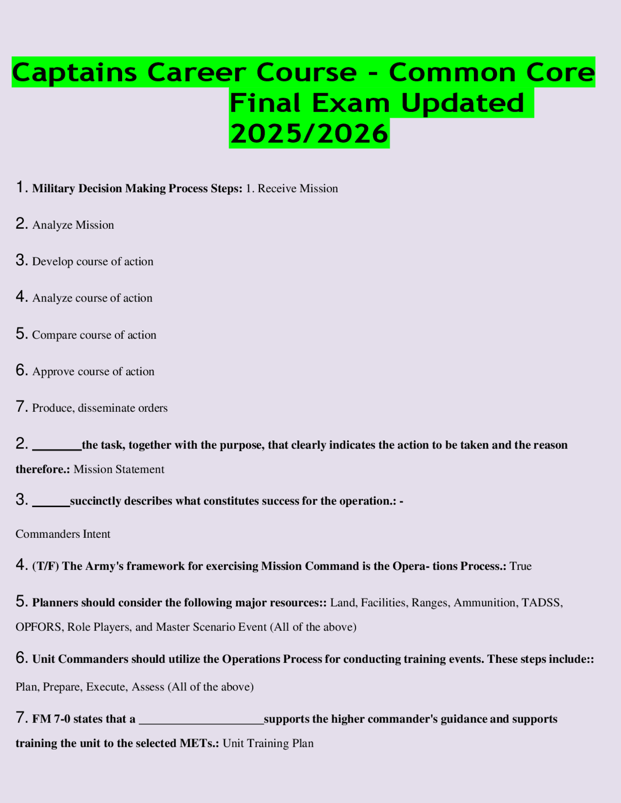 Captain's Career Course Exam: Military Decision Making Process and ...