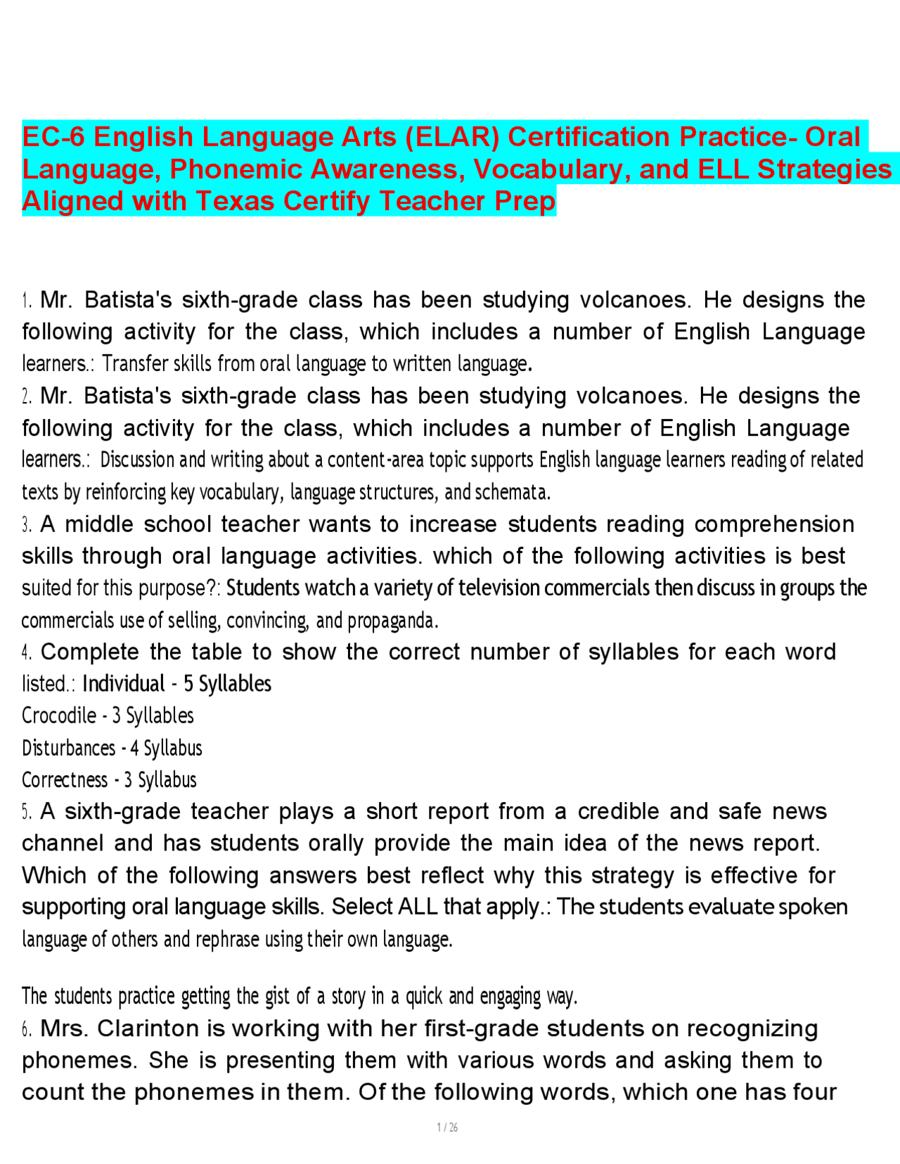 ELAR Certification Practice: Oral Language, Phonemic Awareness ...