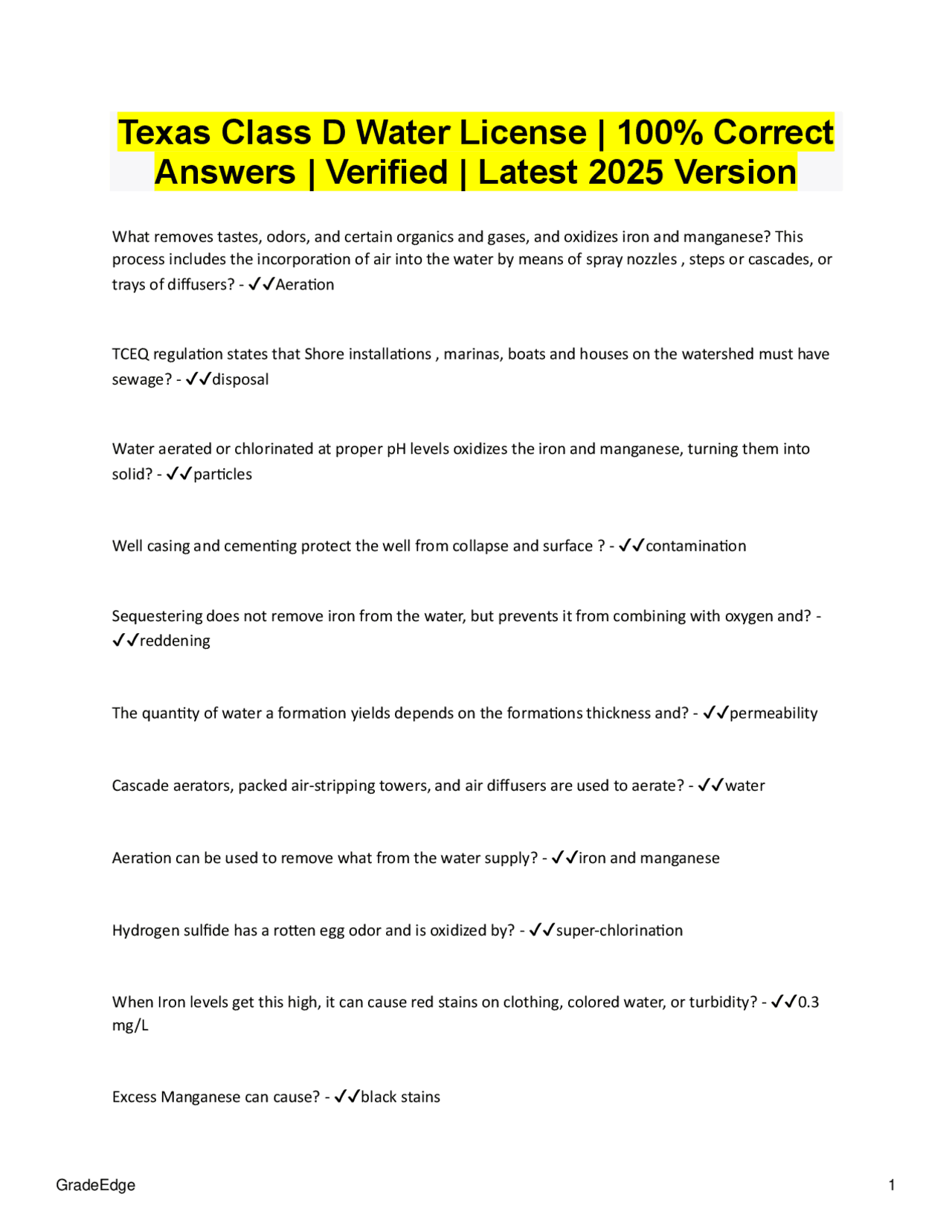 Texas Class D Water License Exam Questions and Answers 2025 | Exams ...
