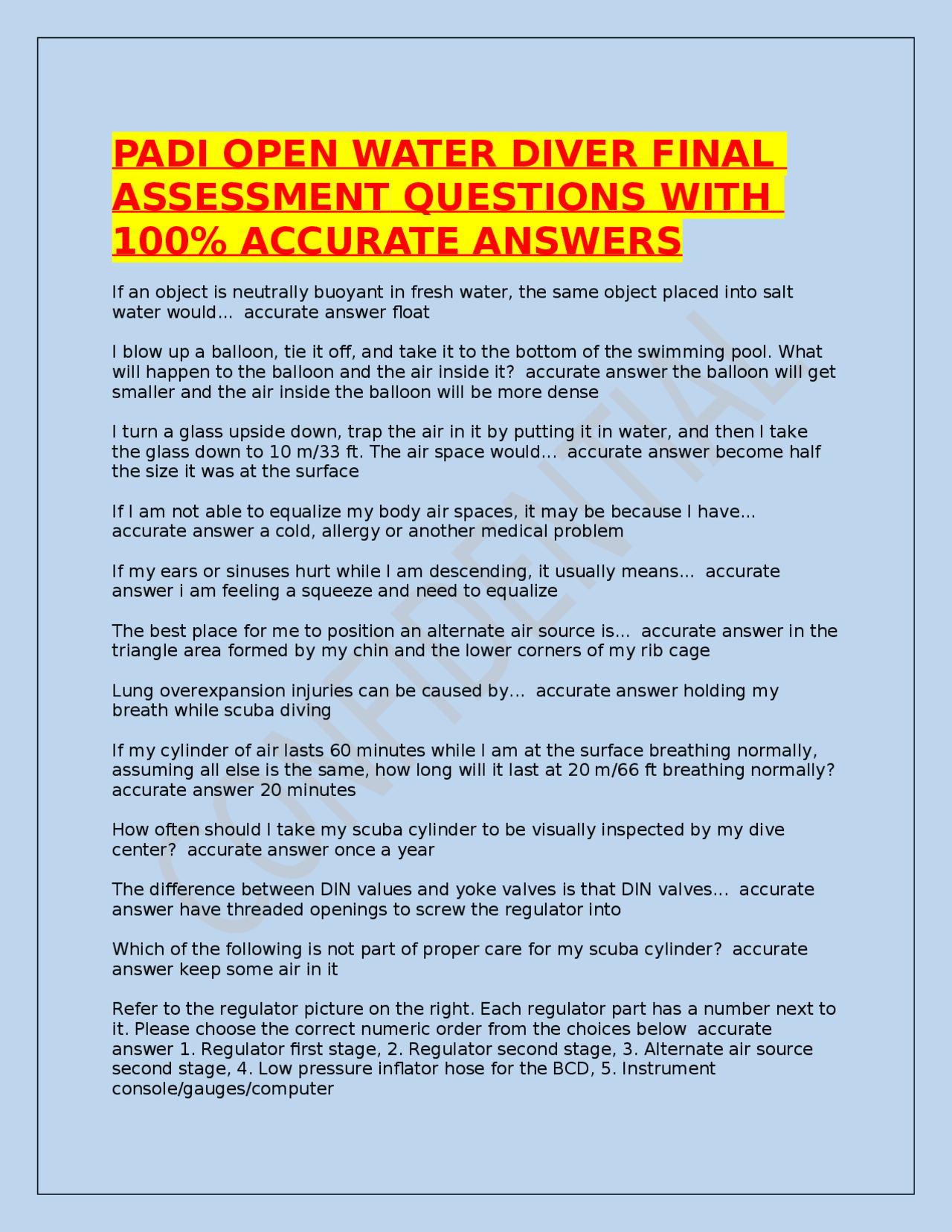 PADI Open Water Diver Final Assessment: Questions and Answers | Exams ...