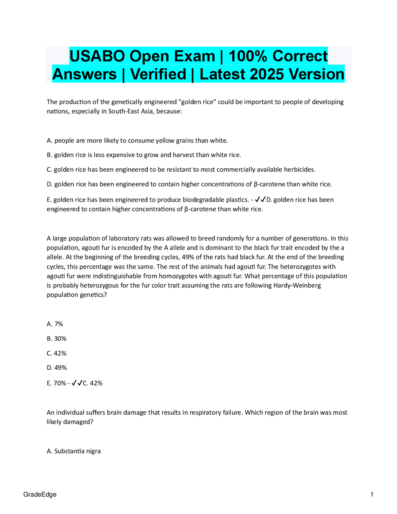 USABO Open Exam 2025/2026 | Verified Answers | Genetics & Molecular ...