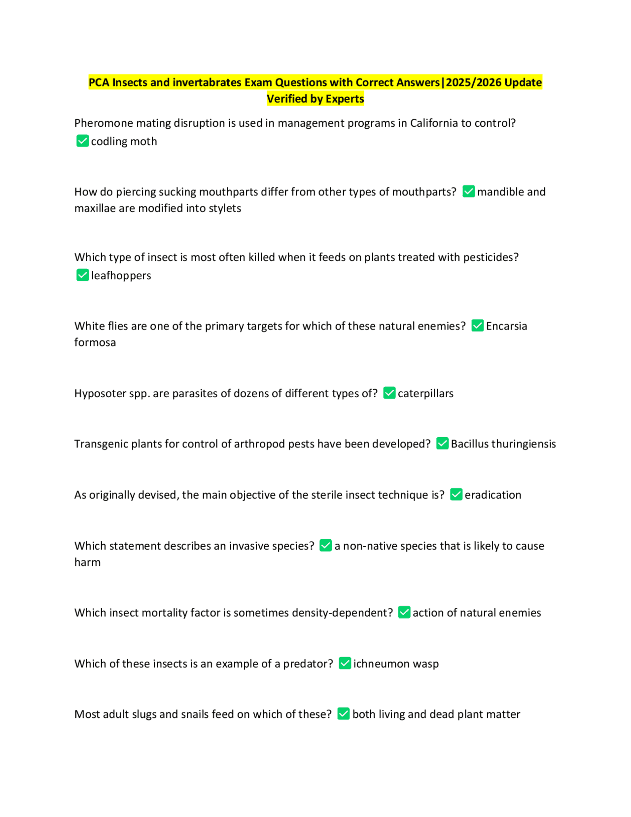 PCA Insects and invertabrates Exam Questions with Correct Answers|2025/ ...