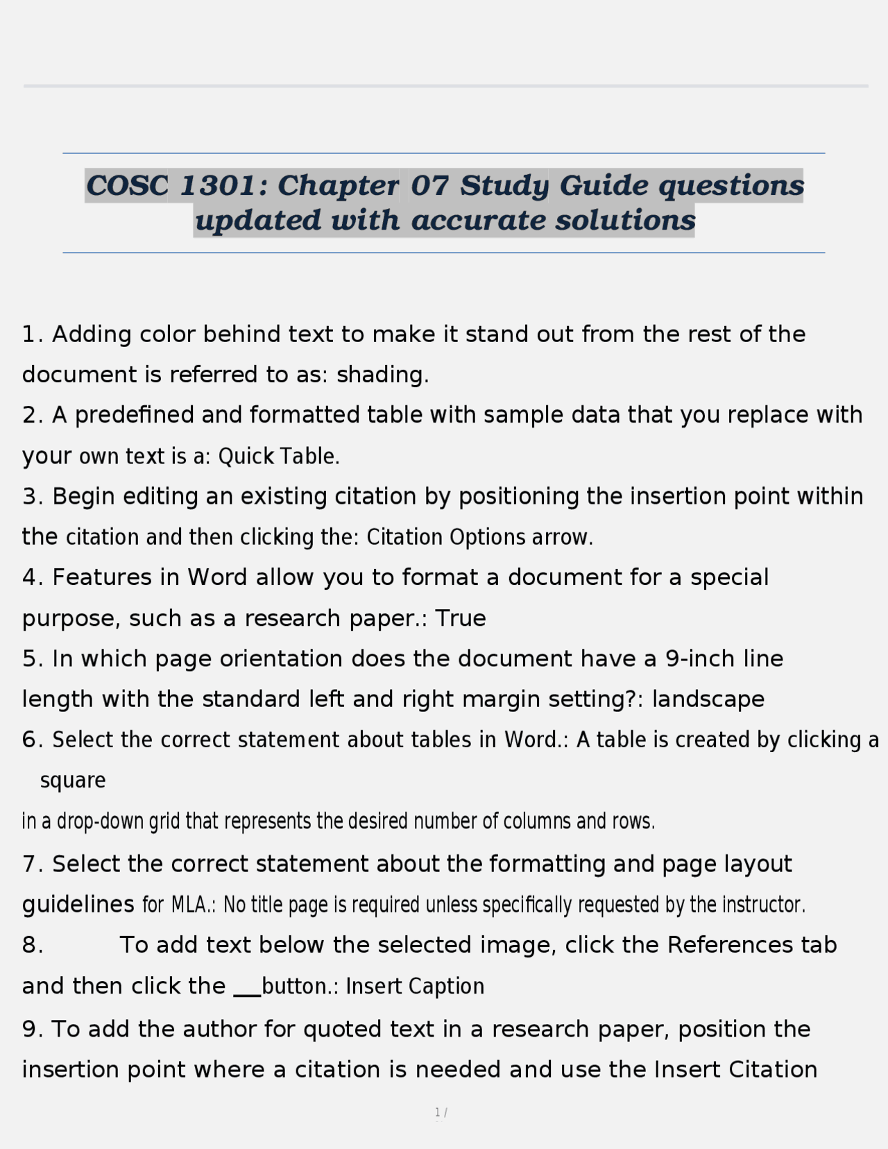 COSC 1301: Chapter 07 Study Guide questions updated with accurate ...
