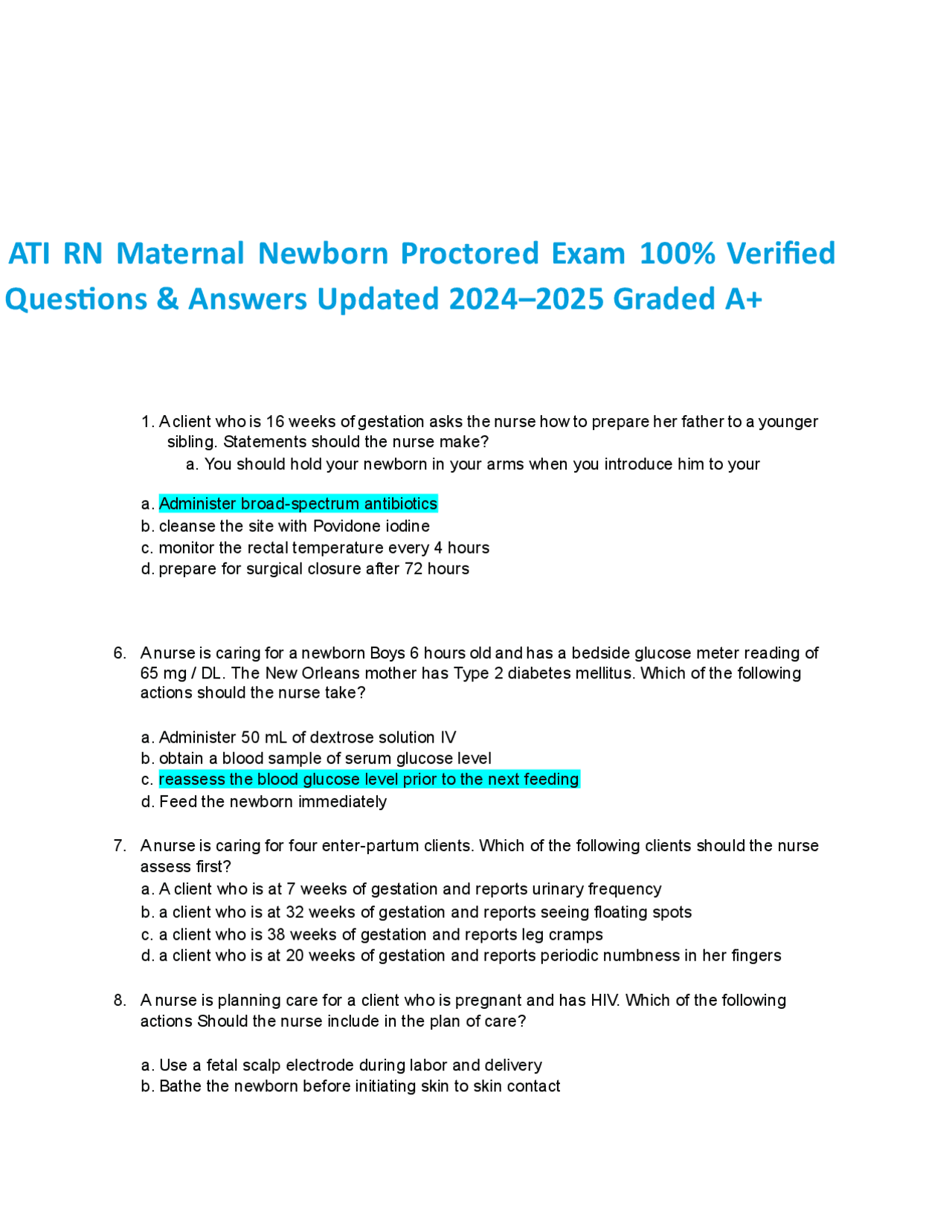 Maternal Newborn Care Questions and Answers | Exams Nursing | Docsity