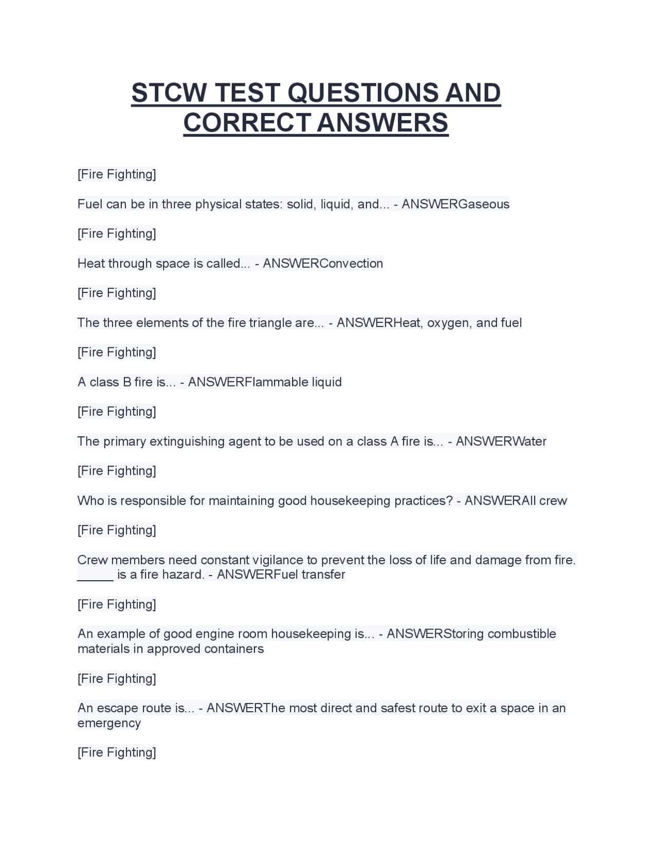 STCW Test Questions and Answers: Fire Fighting and Personal Survival ...