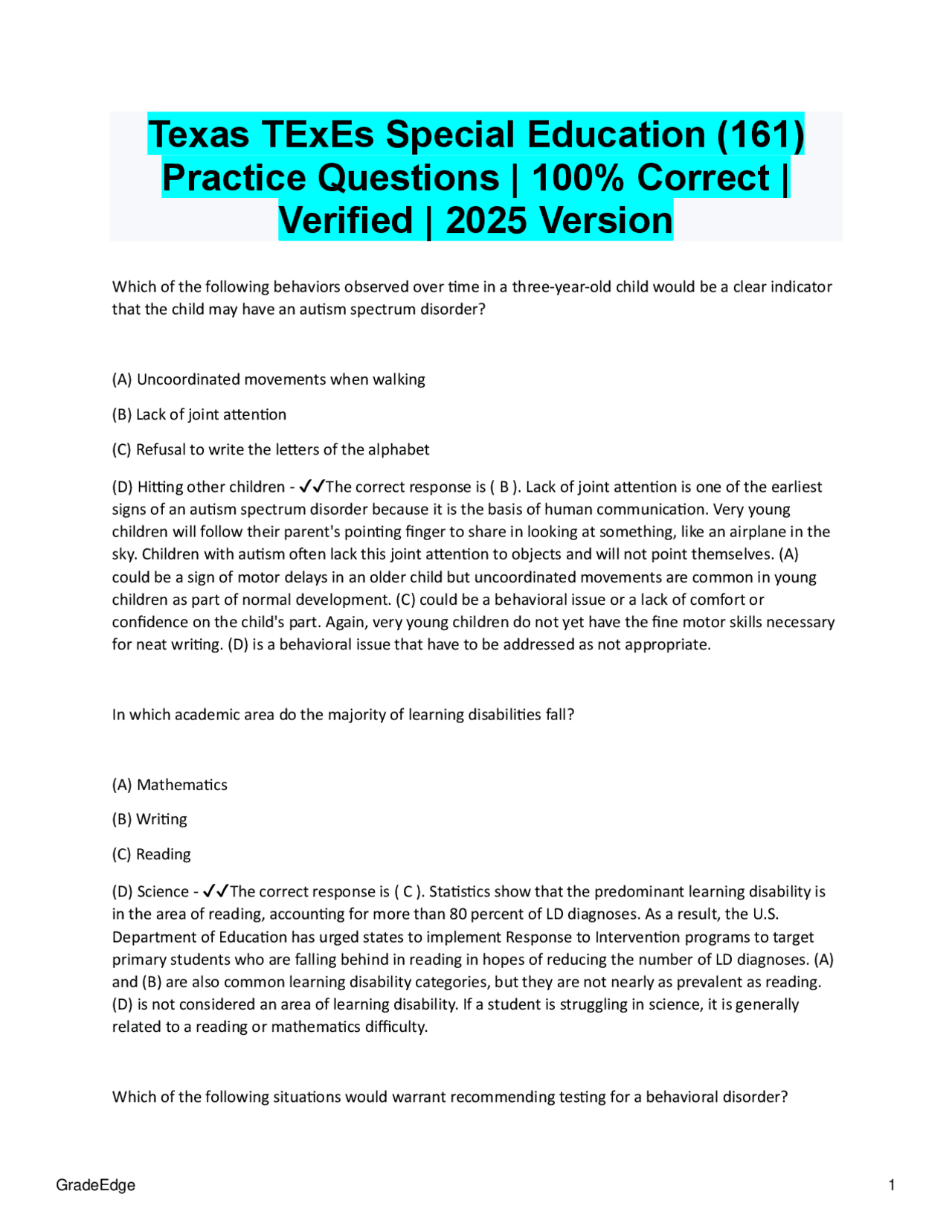 Texas TExES Special Education (161) Practice Exam 2025/2026 | Verified ...