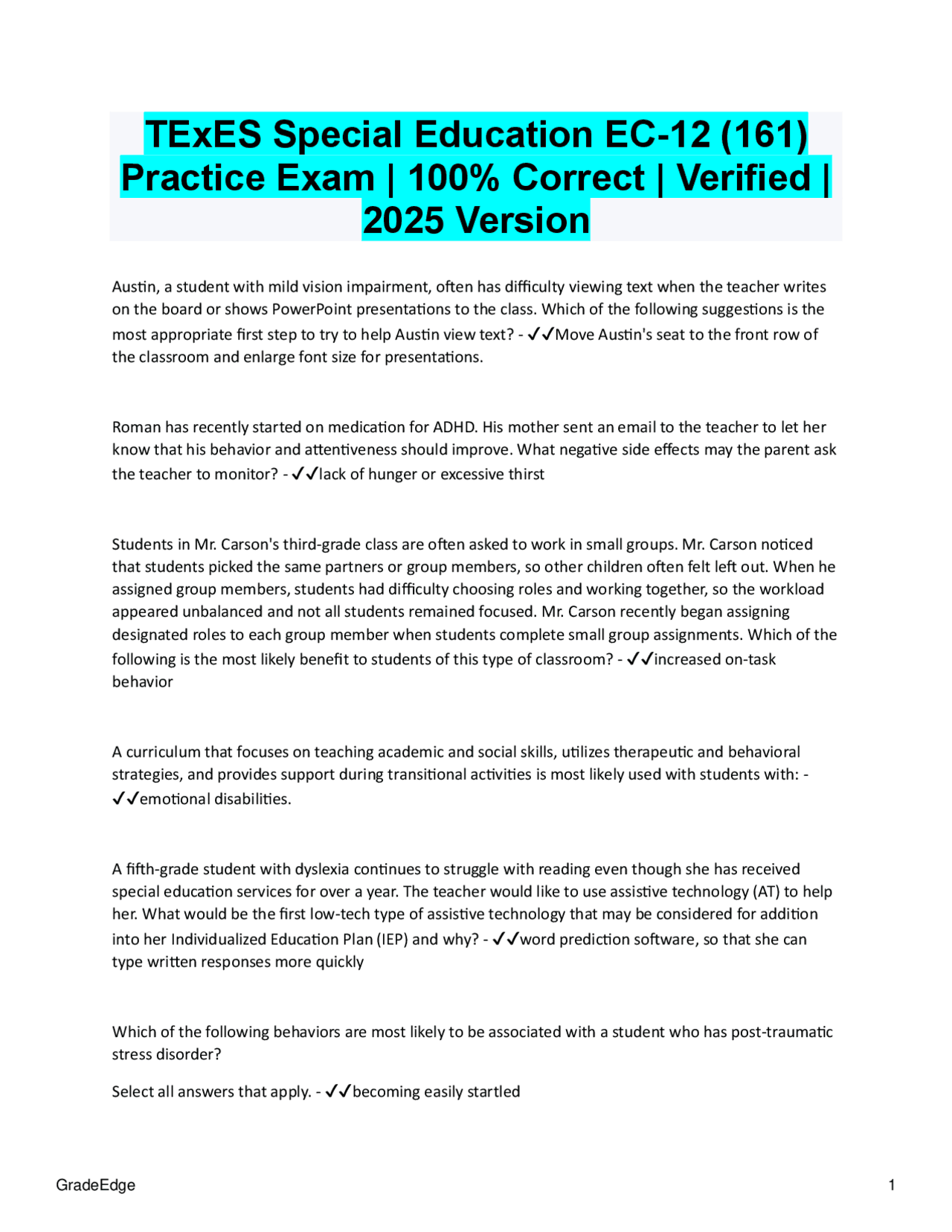 Texas TExES Special Education (161) Exam Practice 2025/2026 | Verified ...