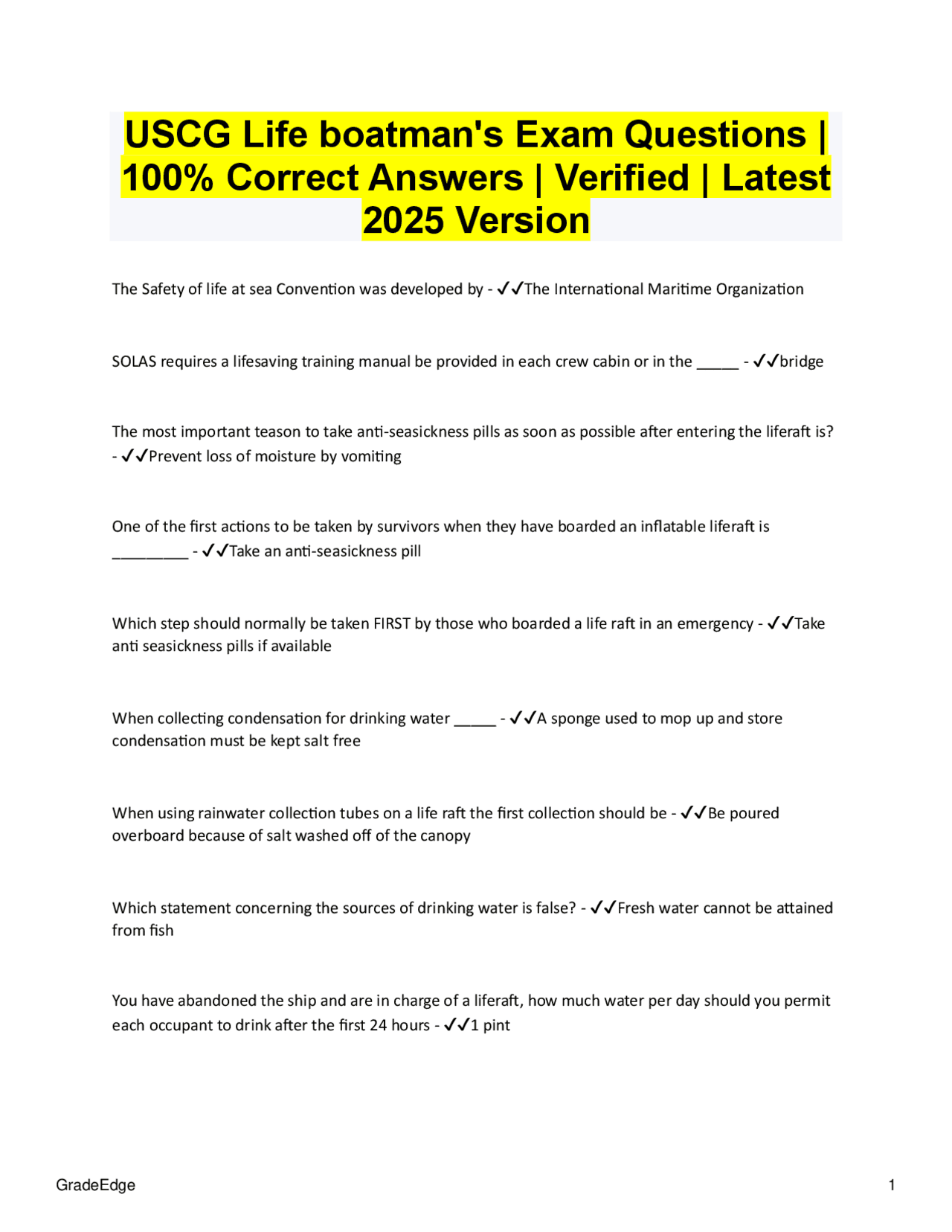 USCG Lifeboatman's Exam Questions with Verified Answers (2025) | Exams ...