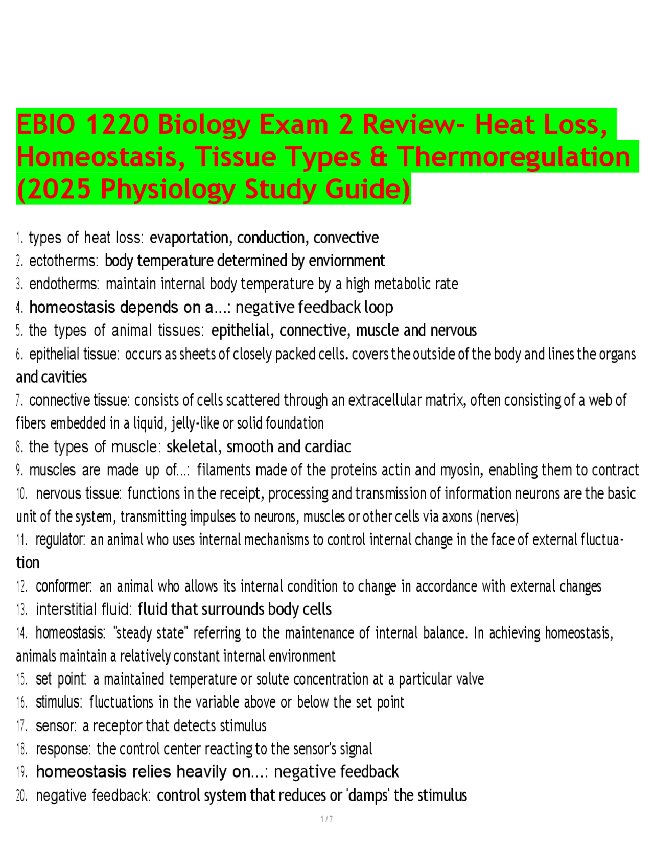 Biology Exam 2 Review: Heat Loss, Homeostasis, Tissue Types ...