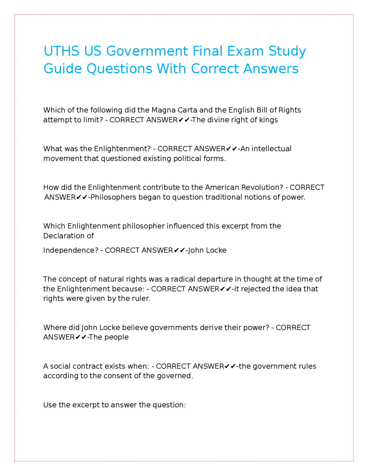 US Government Final Exam Study Guide Questions and Answers | Exams ...